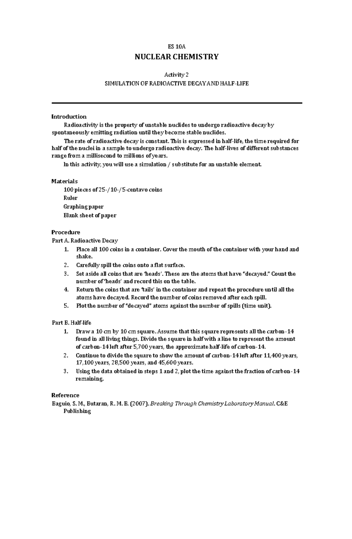 Laboratory Activity 2 - Nuclear Chemistry Simulation of Radioactive ...