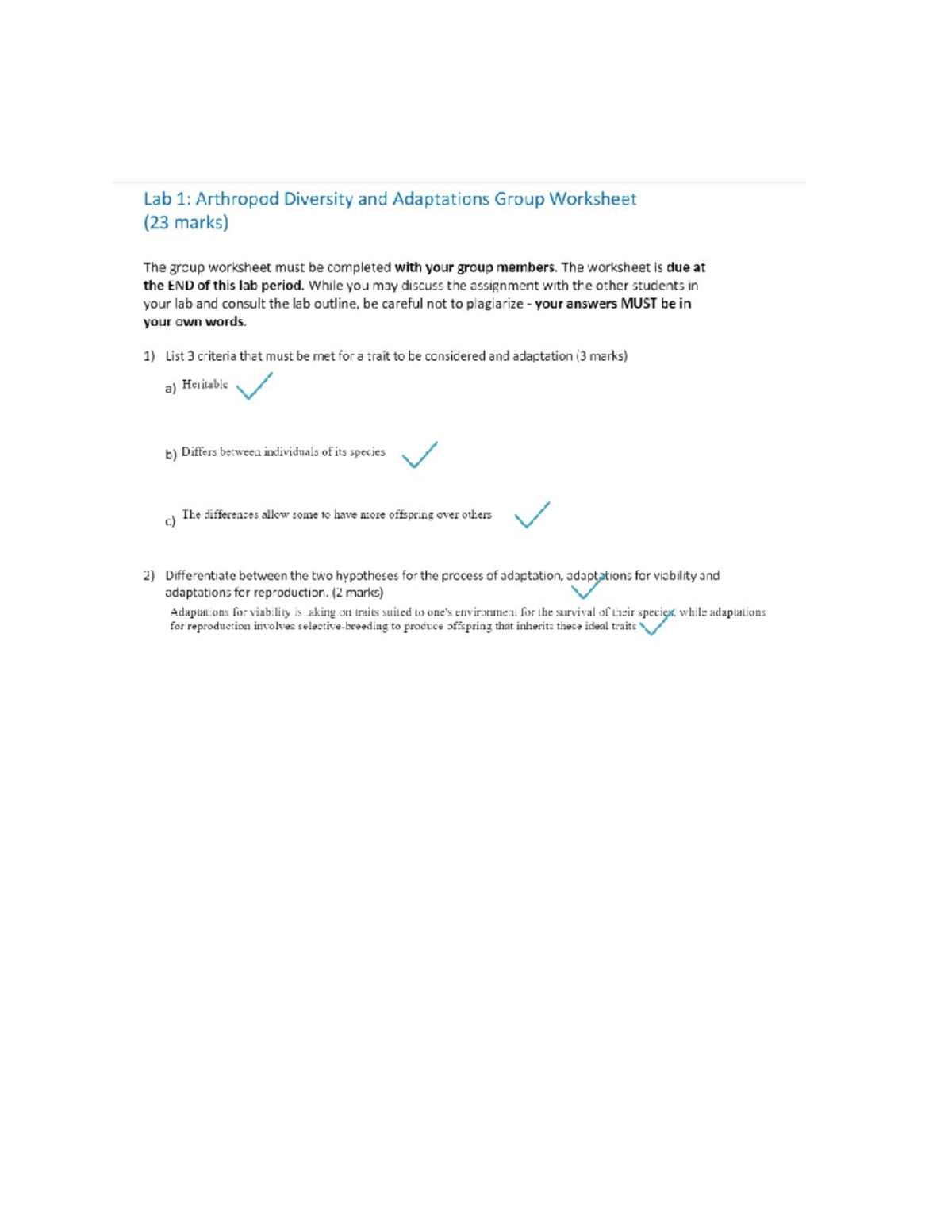 Lab 1- Arthropod Diversity and Adaptations - Bio152 - Studocu