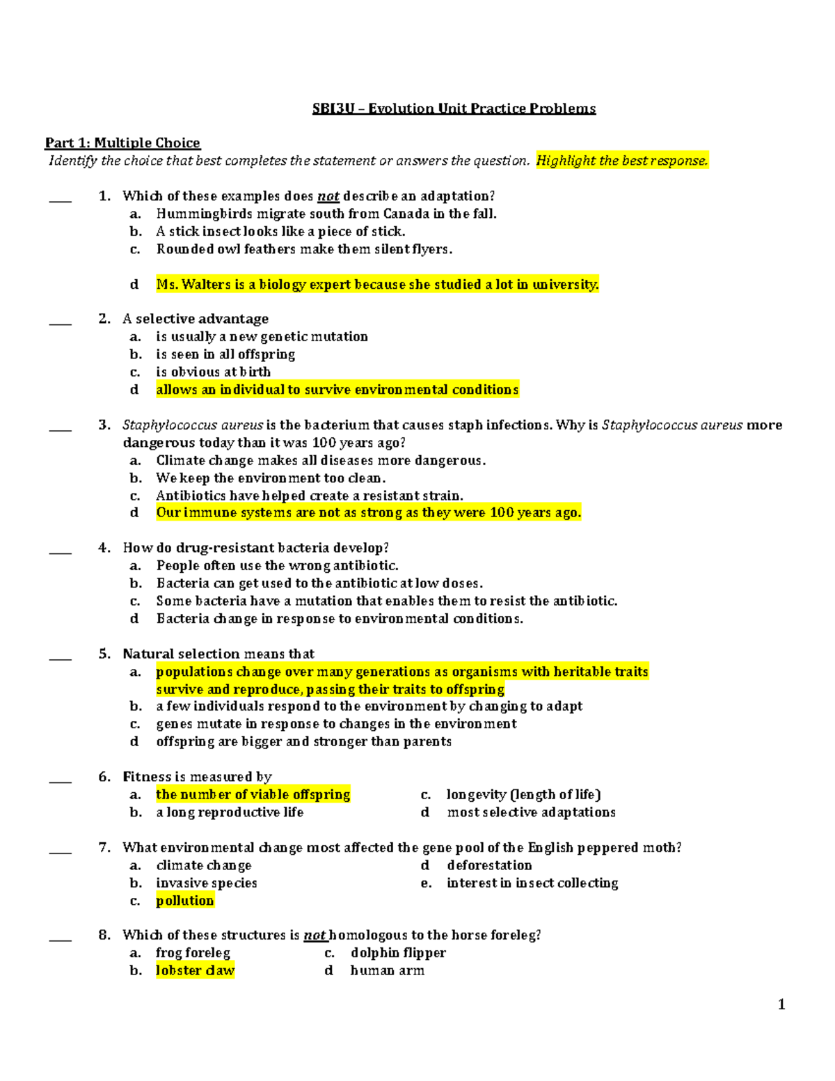 Pearl Nduka - Evolution Unit Practice Problems - SBI3U – Evolution Unit ...