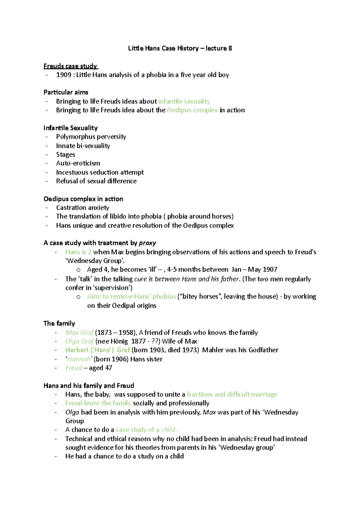 Little Hans Case History - o Aged 4, he becomes ‘ill’ – , 4-5 months ...