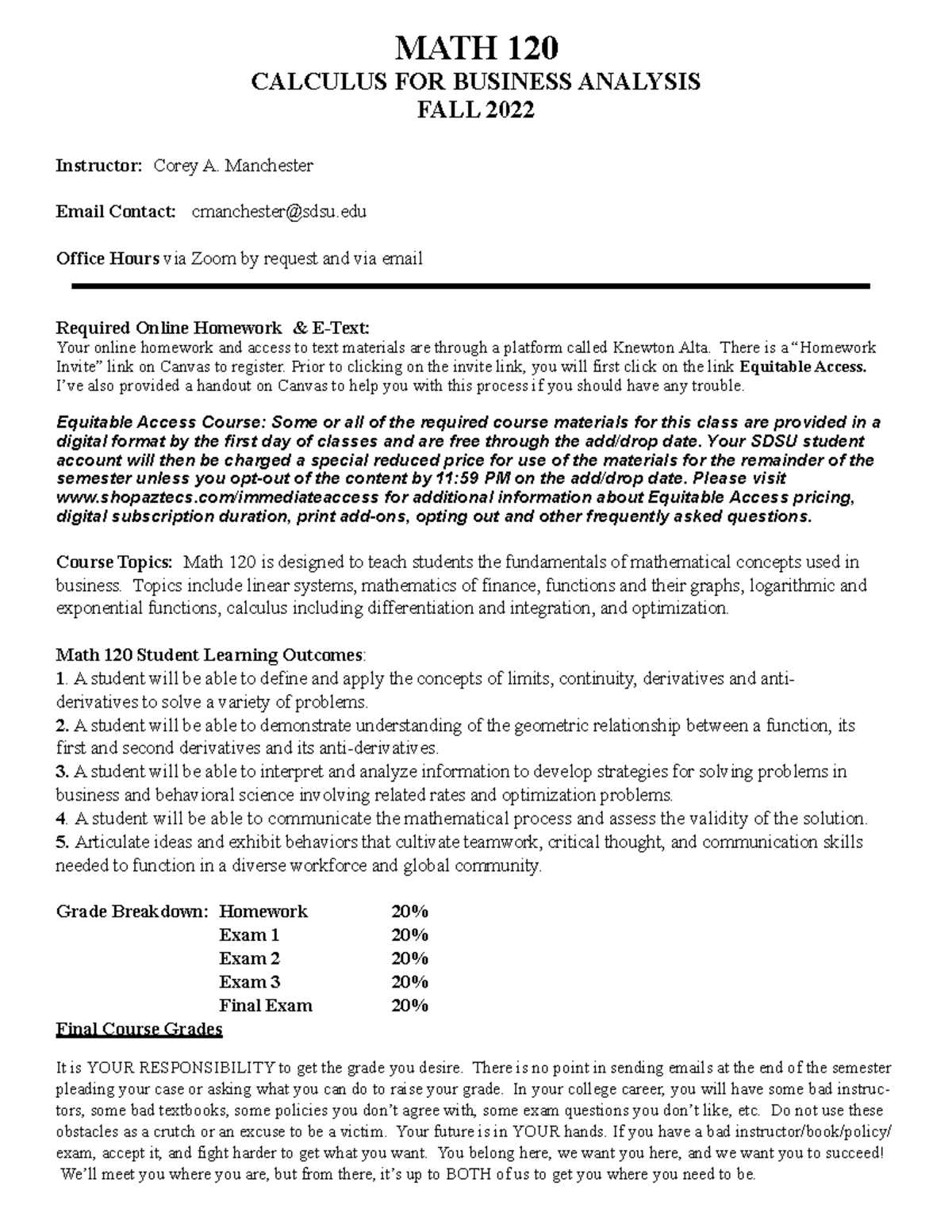 120 - hopefully this helps! - MATH 120 CALCULUS FOR BUSINESS ANALYSIS ...