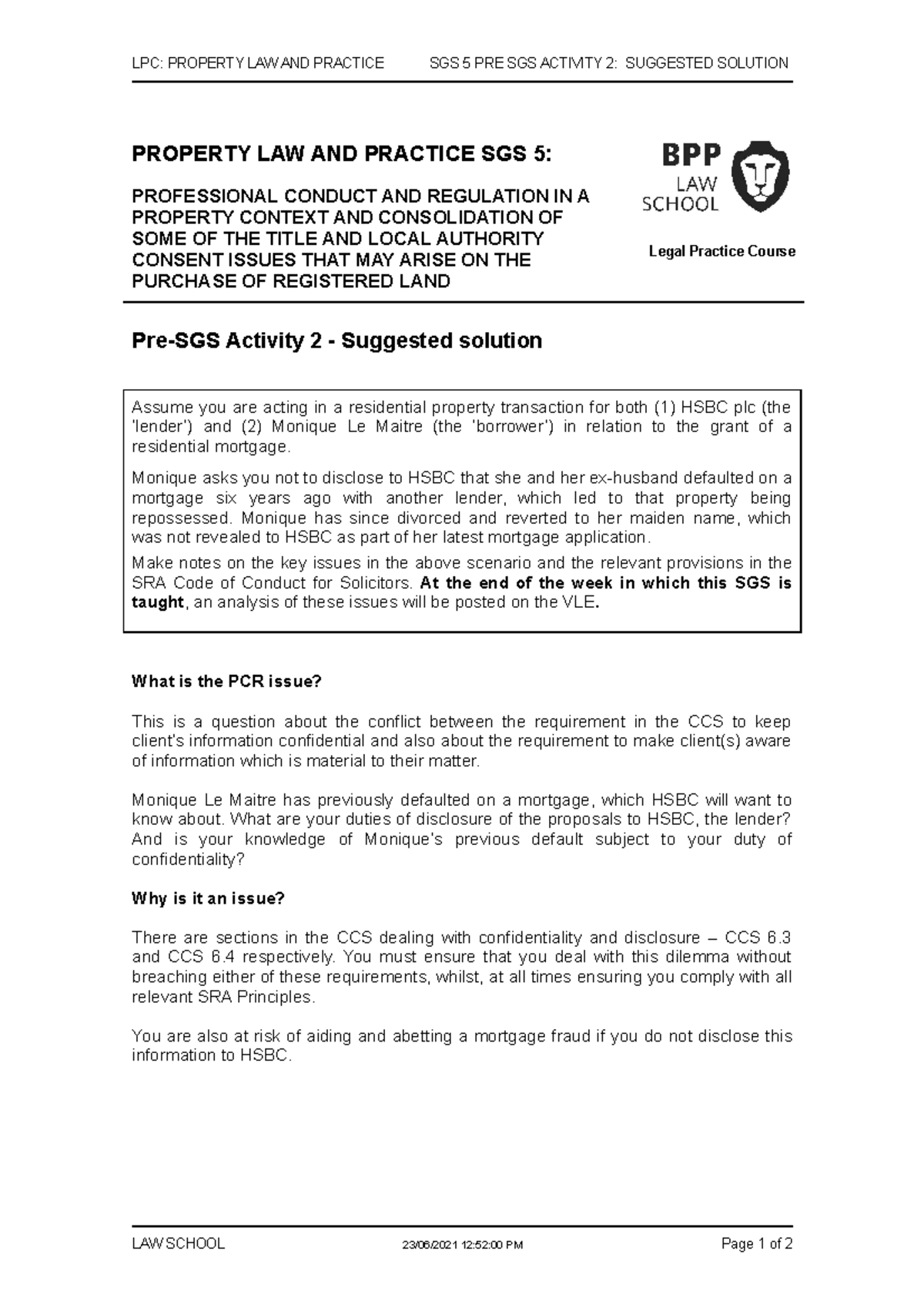 Property SGS 5 Solution to Pre-SGS Activity 2 2021 - LPC: PROPERTY LAW ... Property SGS 5 Solution to Pre-SGS Activity 2 2021 - LPC: PROPERTY LAW ...