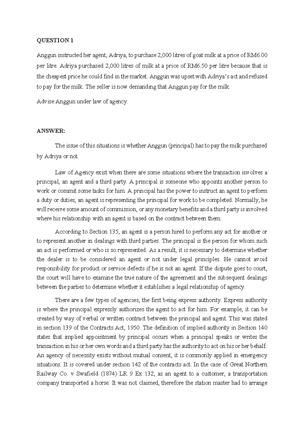 LAW Group Assignment - QUESTION 1 Anggun instructed her agent, Adriya ...