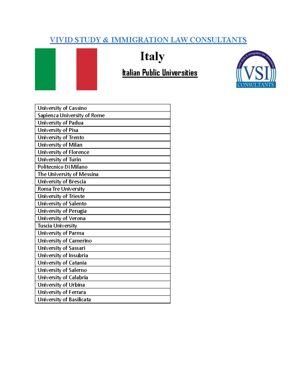 Italian Public Universities - VIVID STUDY & IMMIGRATION LAW CONSULTANTS ...