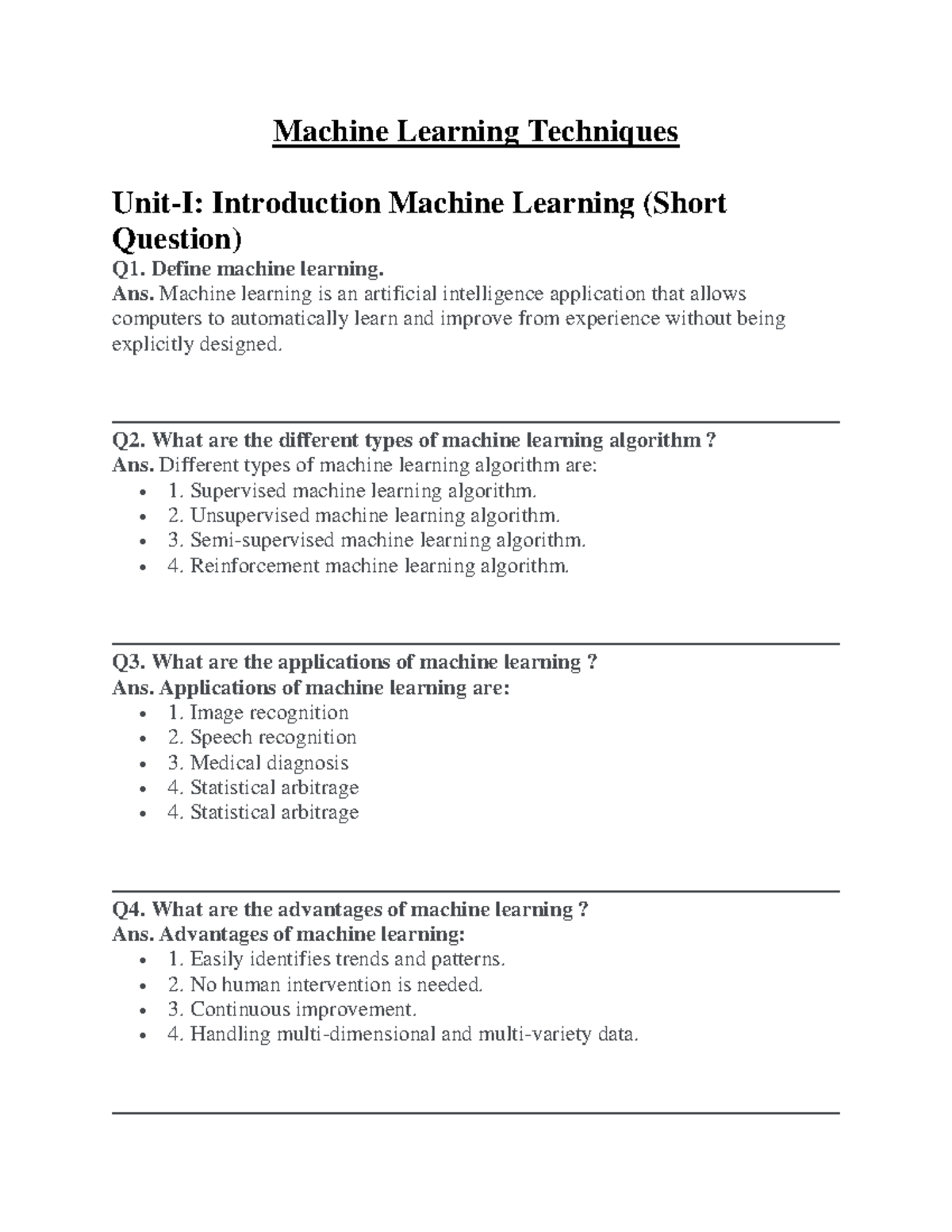 Machine Learning Techniques Short Answers - Machine Learning Techniques Unit-I: Introduction ...