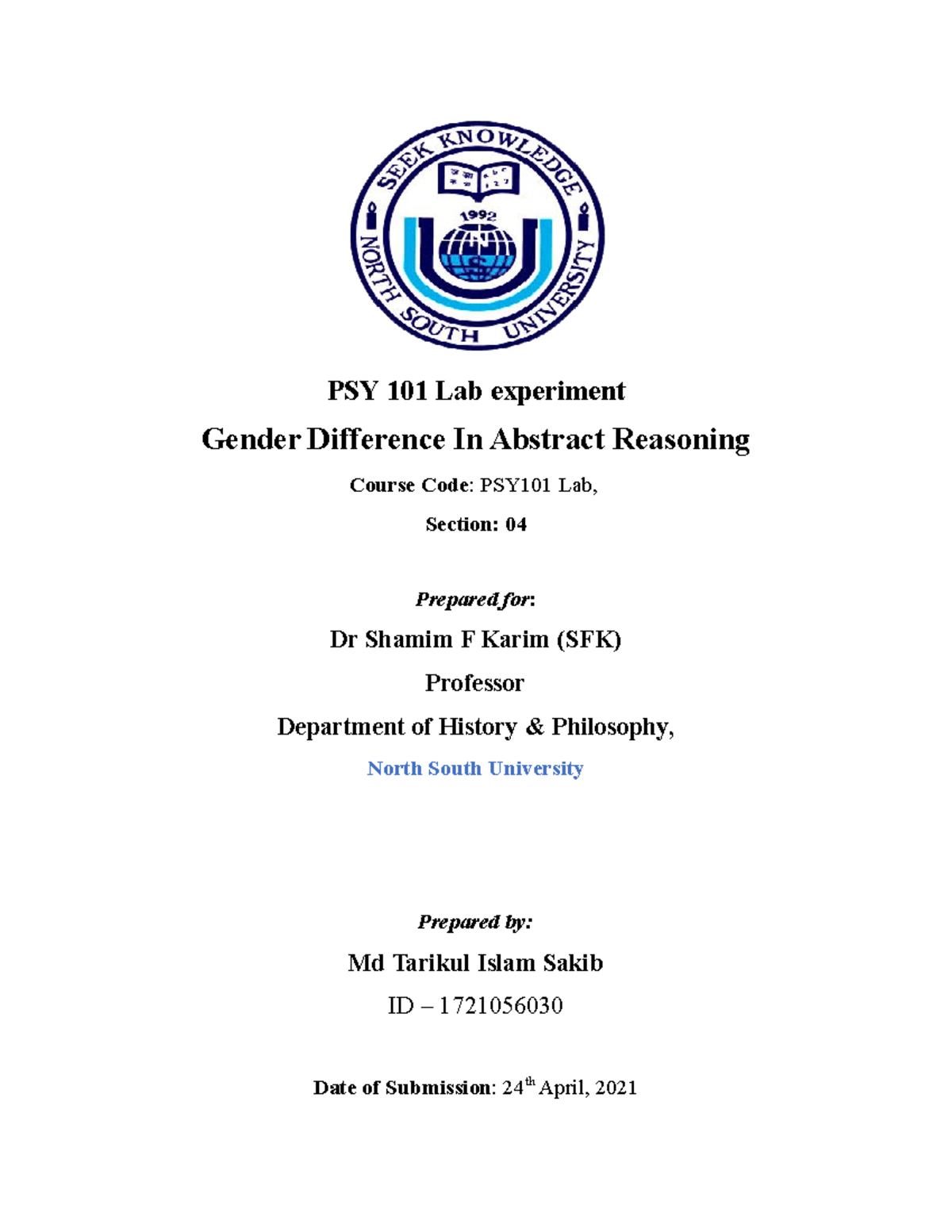 Md Tarikul Islam Sakib Experiment 2 Psy 101 Lab Sfk Psy 101 Lab Experiment Gender Difference