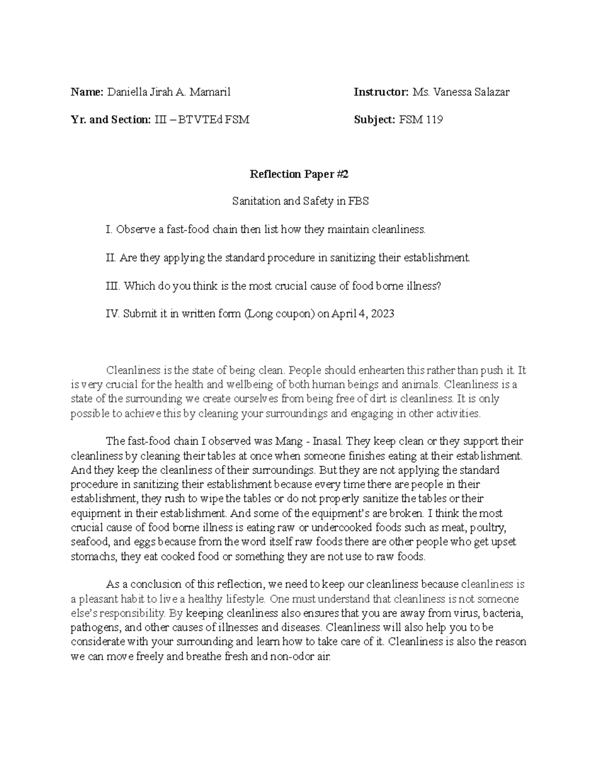 Reflection Paper 2 in FSM 119 - Name: Daniella Jirah A. Mamaril ...