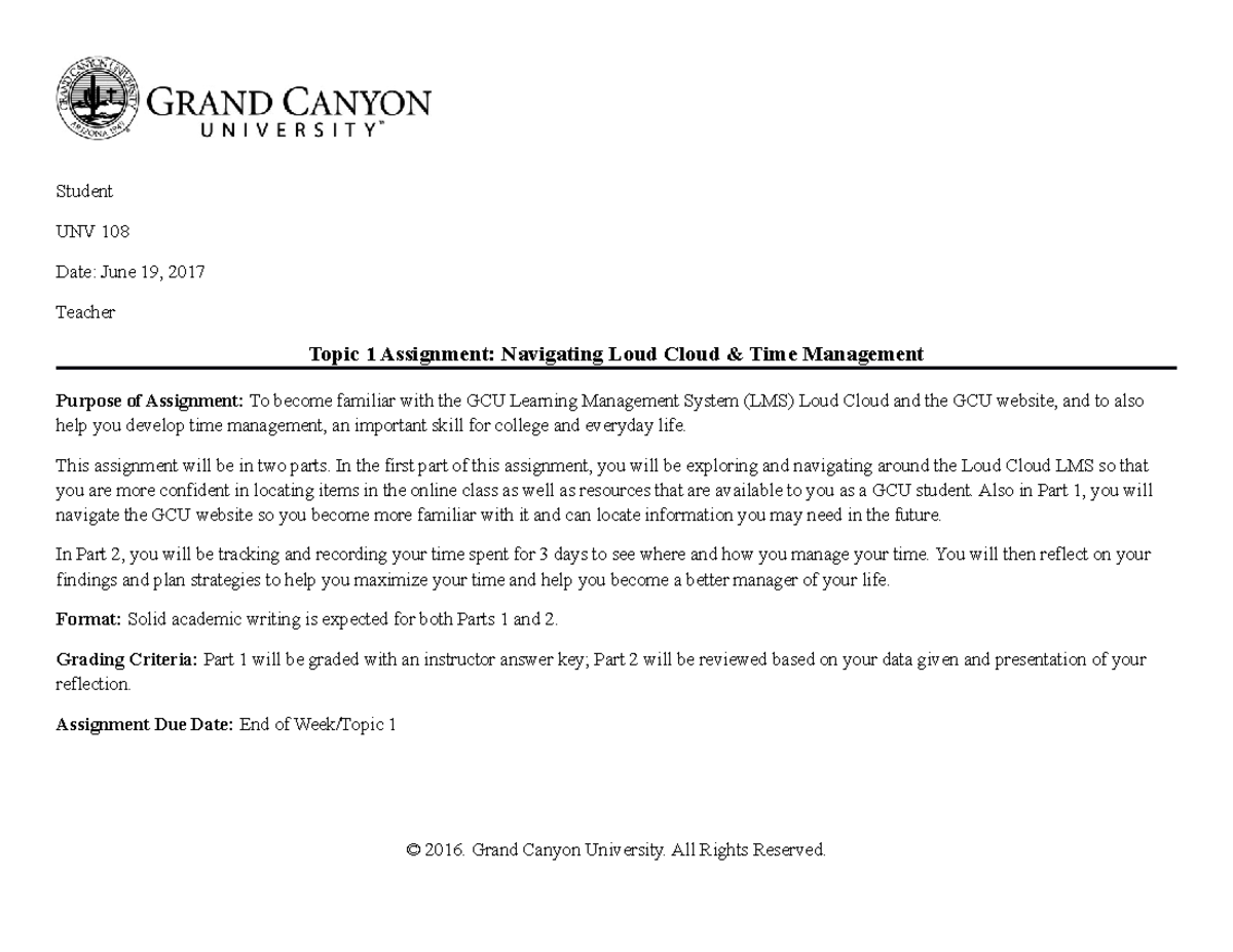 Assignment 1 UNV108 T1 Navigating and Time Management - Student UNV 108 ...