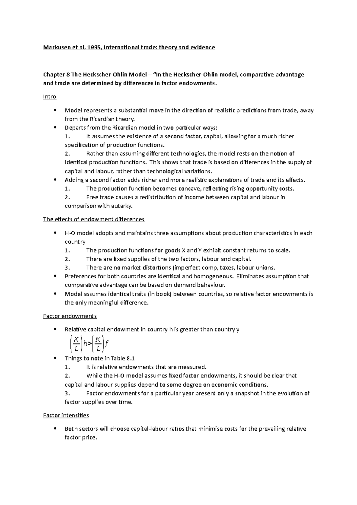 Markusen et al H-O and Specific-factors model - Markusen et al, 1995 ...