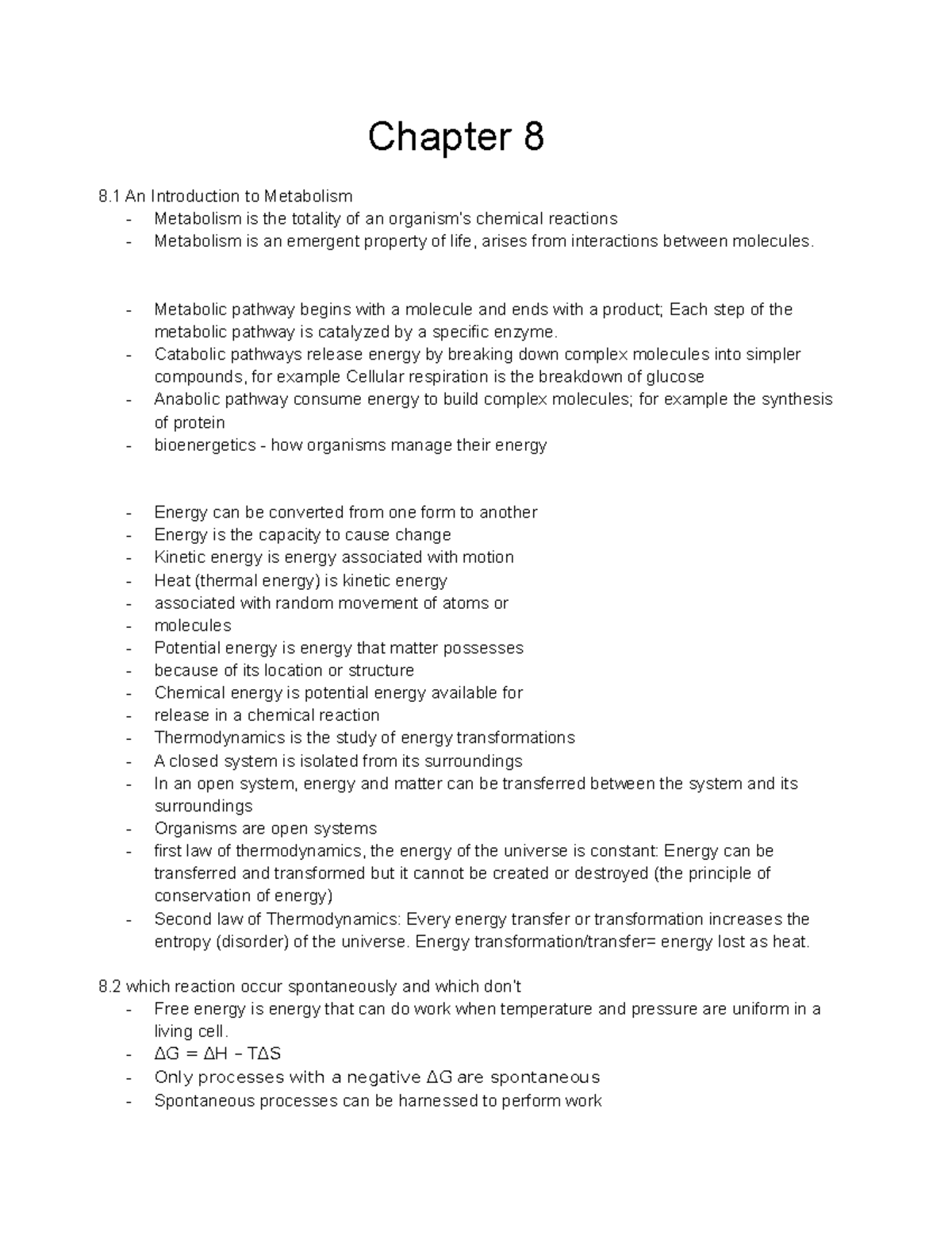 Biology Chapter 8 - Chapter 8 8 An Introduction to Metabolism ...