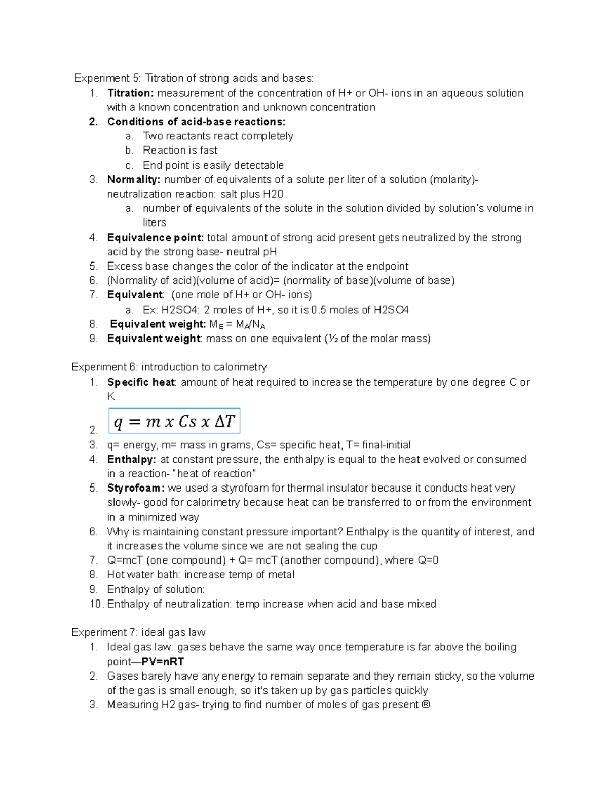 Chem test review - Experiment 5: Titration of strong acids and bases: 1 ...
