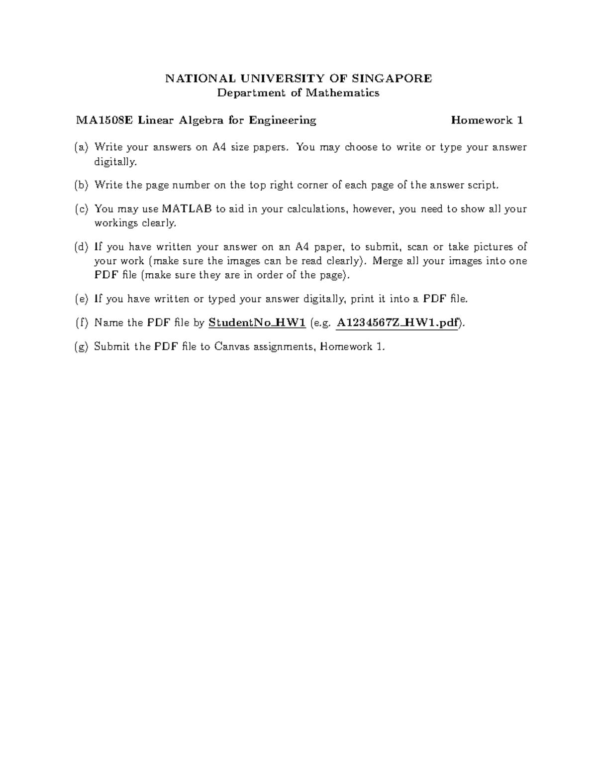 Homework 1 - hw1 2023 - NATIONAL UNIVERSITY OF SINGAPORE Department of Mathematics MA1508E ...