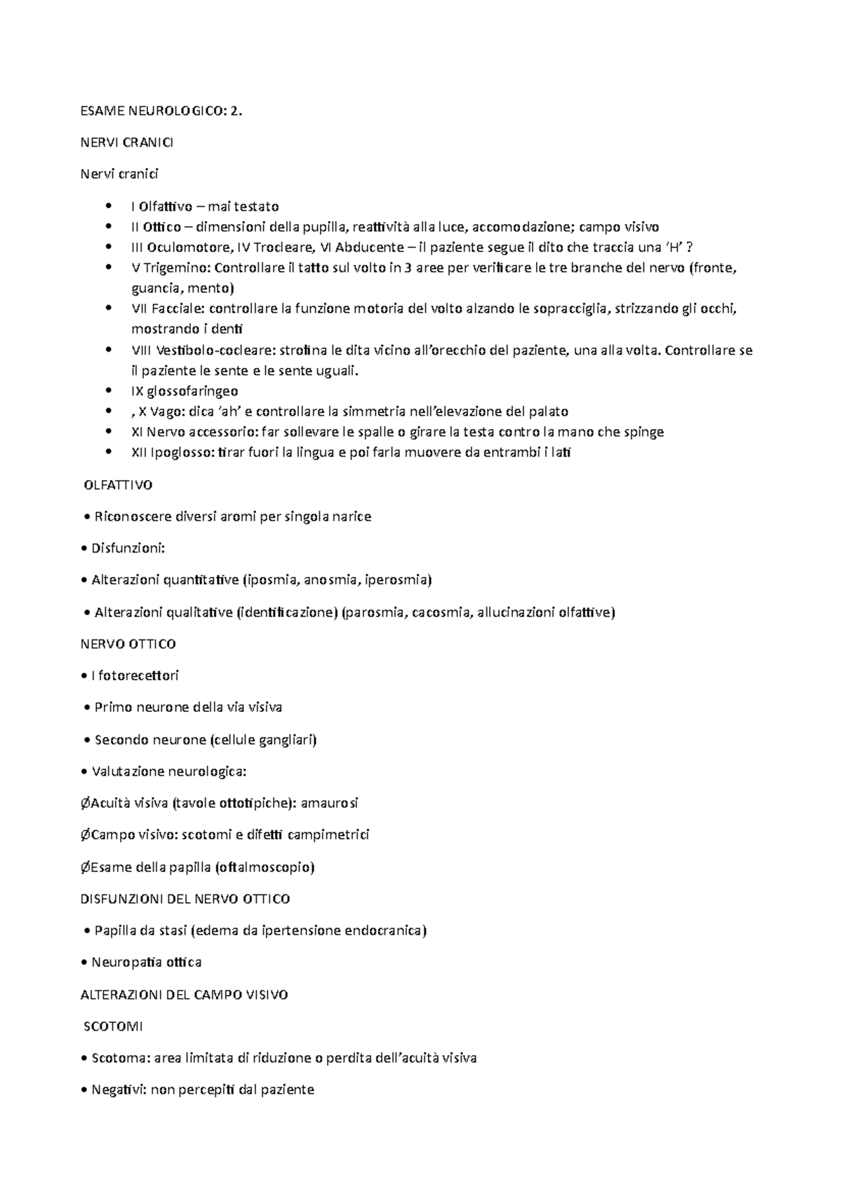 Esame Neurologico - ESAME NEUROLOGICO: 2. NERVI CRANICI Nervi cranici I ...