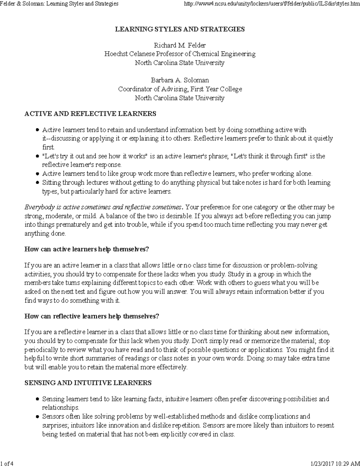 Felder & Soloman Learning Styles and Strategies - LEARNING STYLES AND ...