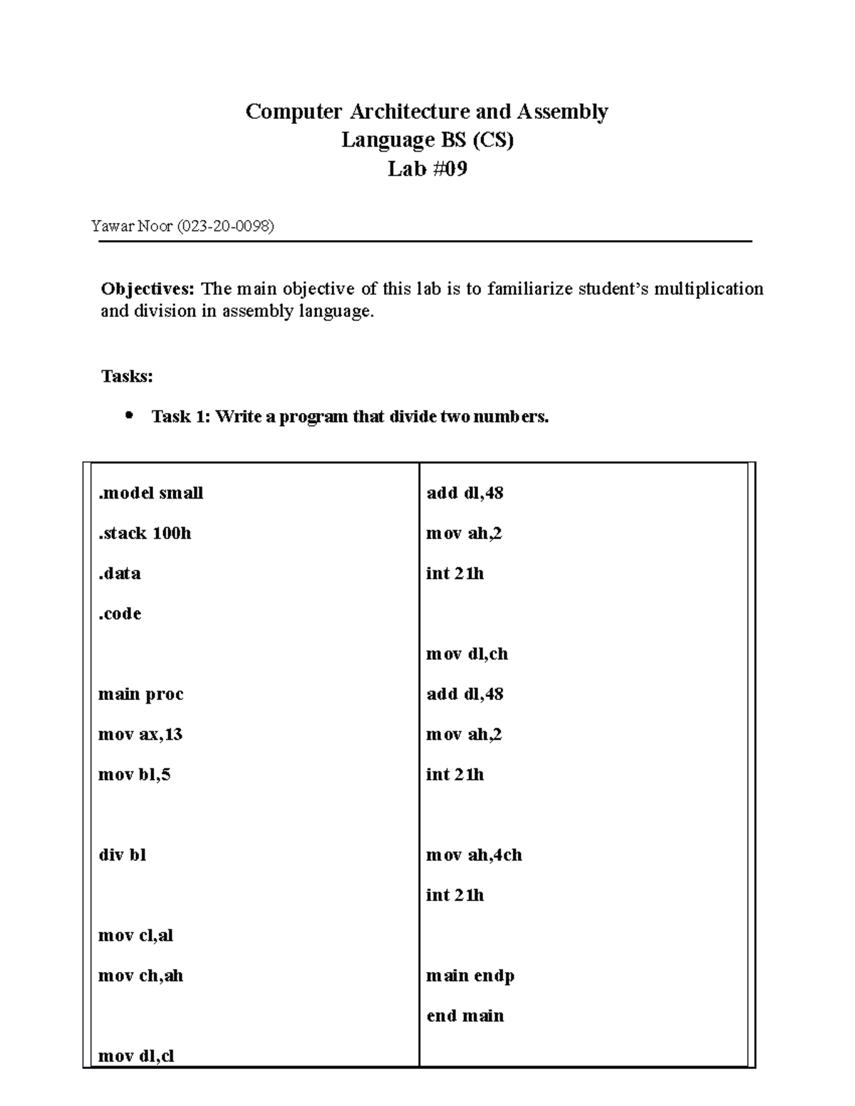 Yawar Noor Lab9(023-20-0098) - Computer Architecture and Assembly Language BS (CS) Lab Yawar ...