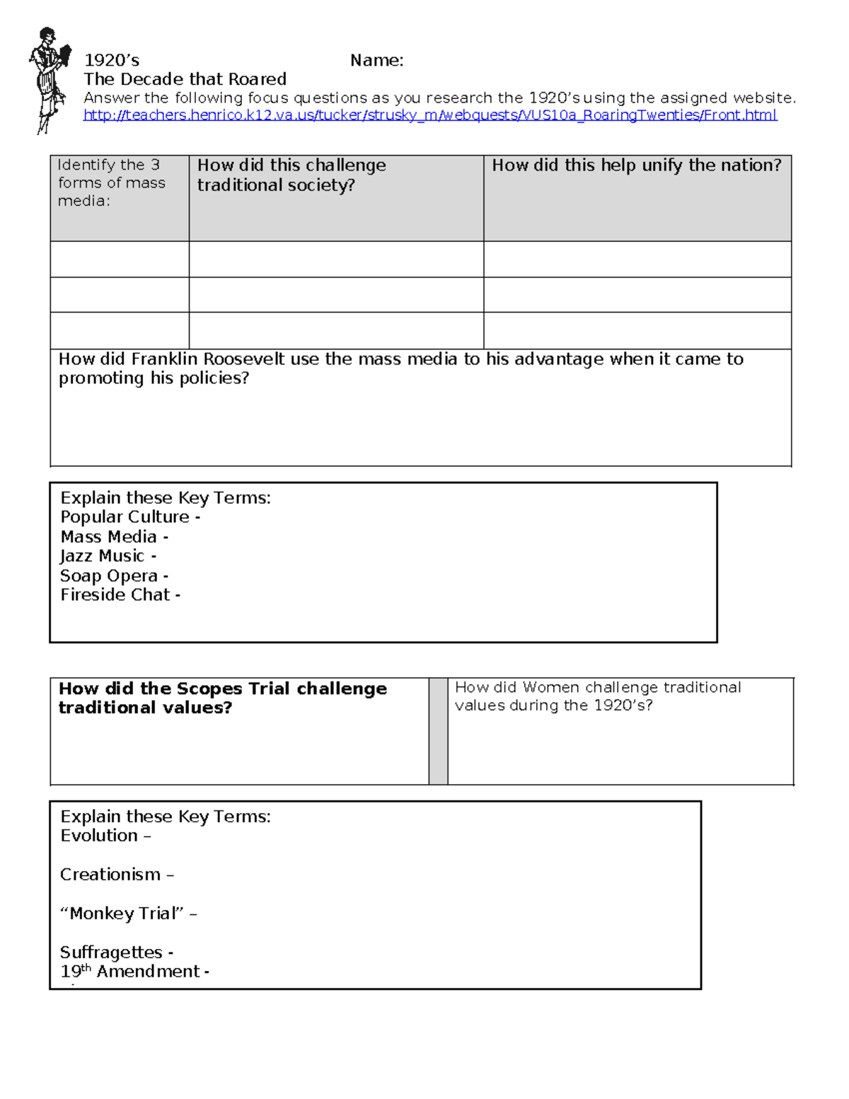 M9 1920s Web Questions - 1920’s Name: The Decade that Roared Answer the ...