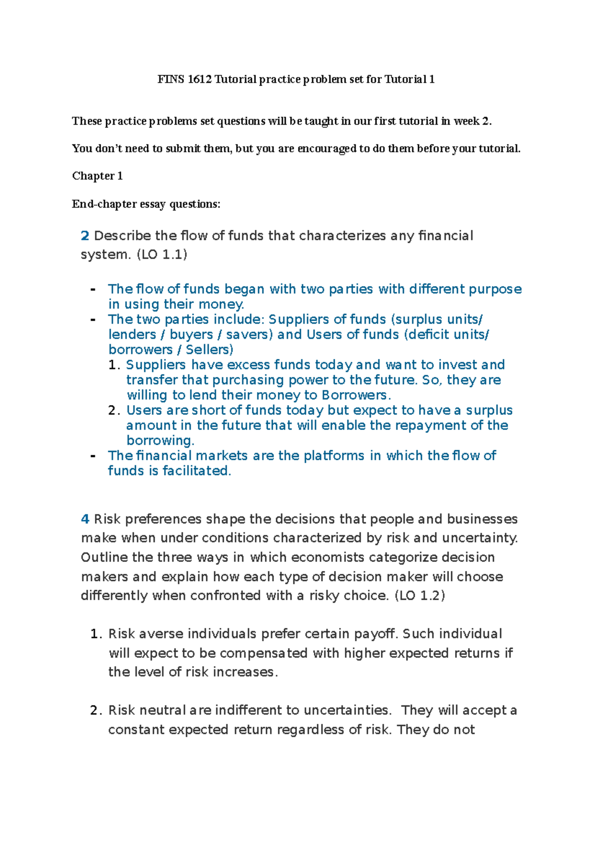 FINS1612 Tutorial 1 homework answers - FINS 1612 Tutorial practice problem set for Tutorial 1 ...