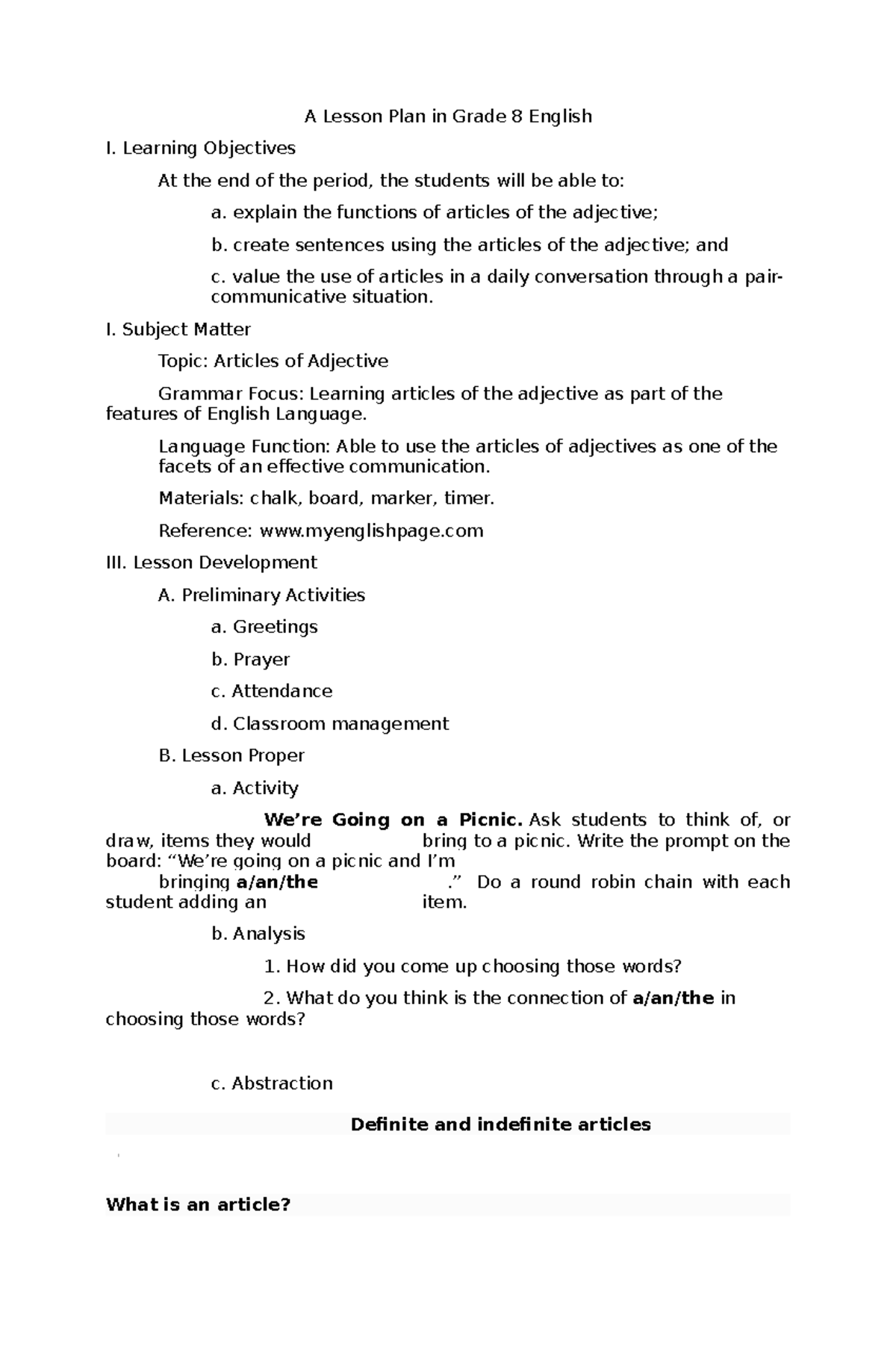 A Lesson Plan In Grade 8 English Learning Objectives At The End Of 