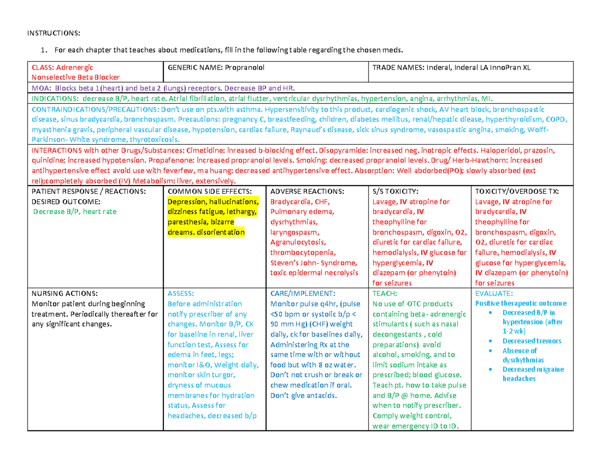 Propranolol - INSTRUCTIONS: For each chapter that teaches about ...