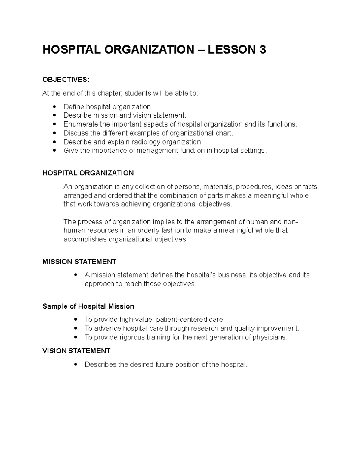 Chapter 3 the hospital organization - HOSPITAL ORGANIZATION – LESSON 3 ...