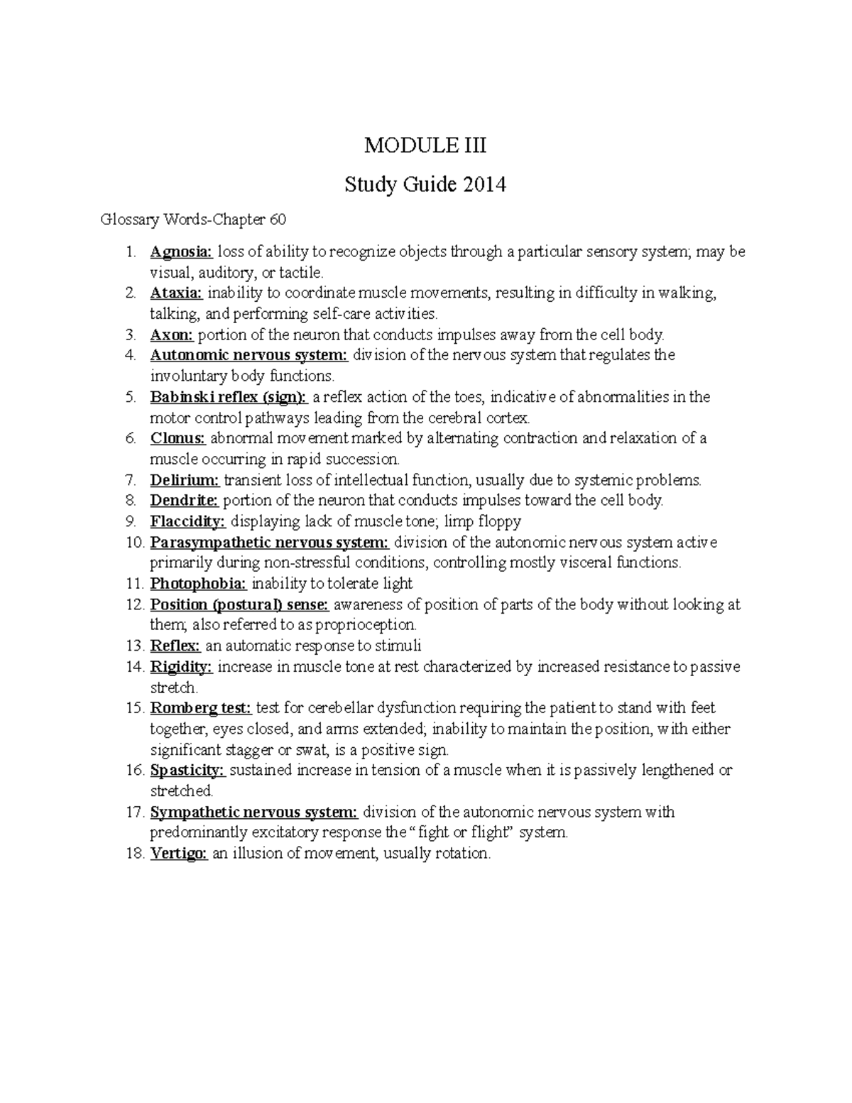 Neurological study guides - MODULE III Study Guide 2014 Glossary Words ...