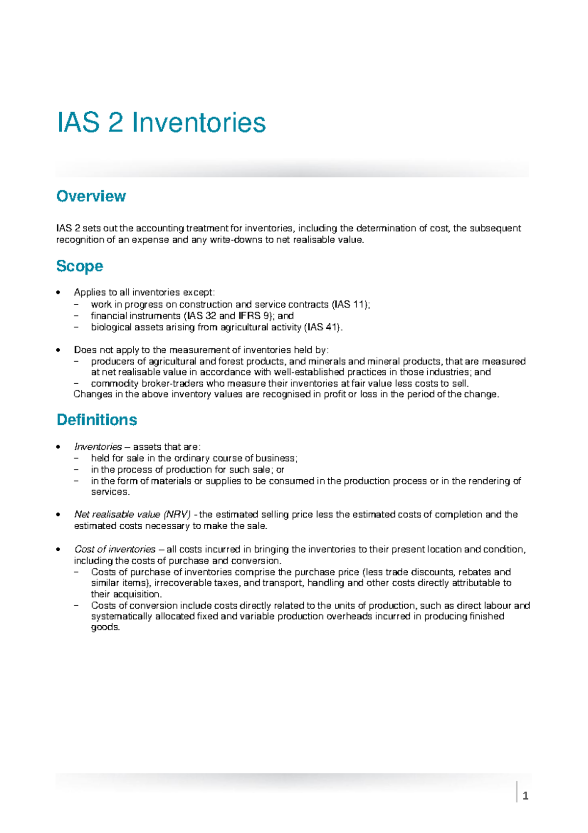 Week 7 - ias-2-inventories summary - 1 IAS 2 Inventories Overview IAS 2 ...
