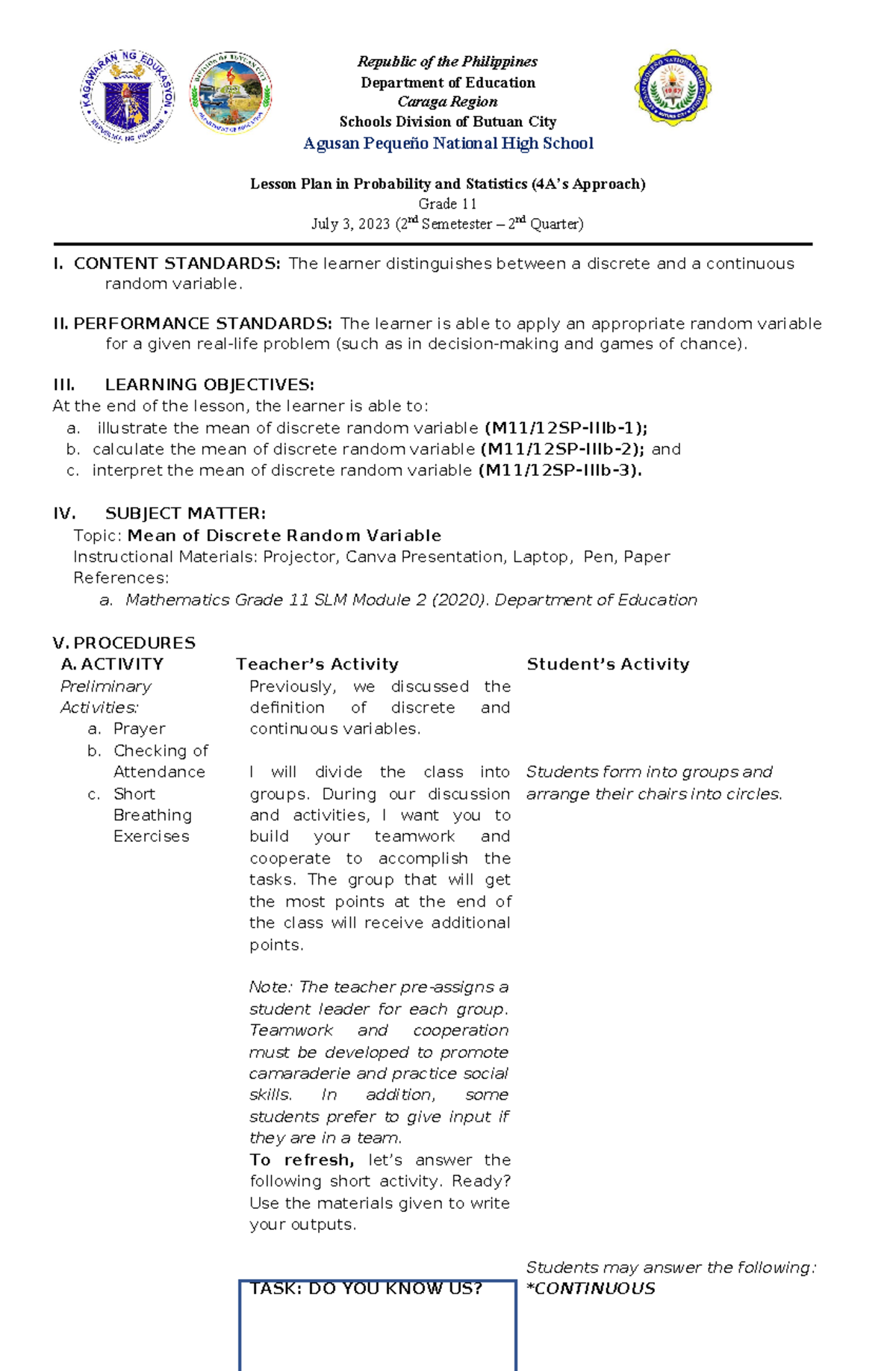 Classroom Observation Expected Value - Republic of the Philippines ...