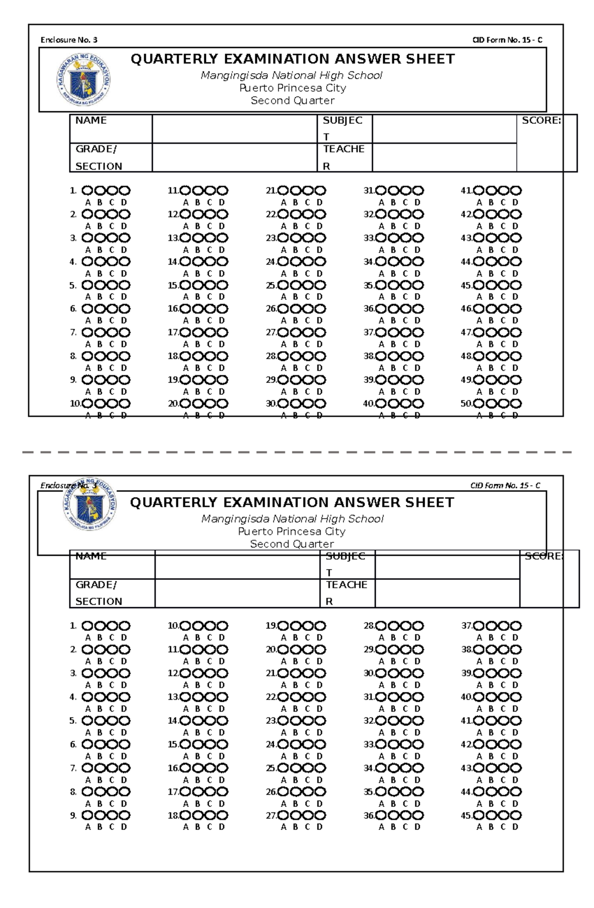 Answer-Sheets-35 40 50-items - NAME SUBJEC T SCORE: GRADE/ SECTION ...