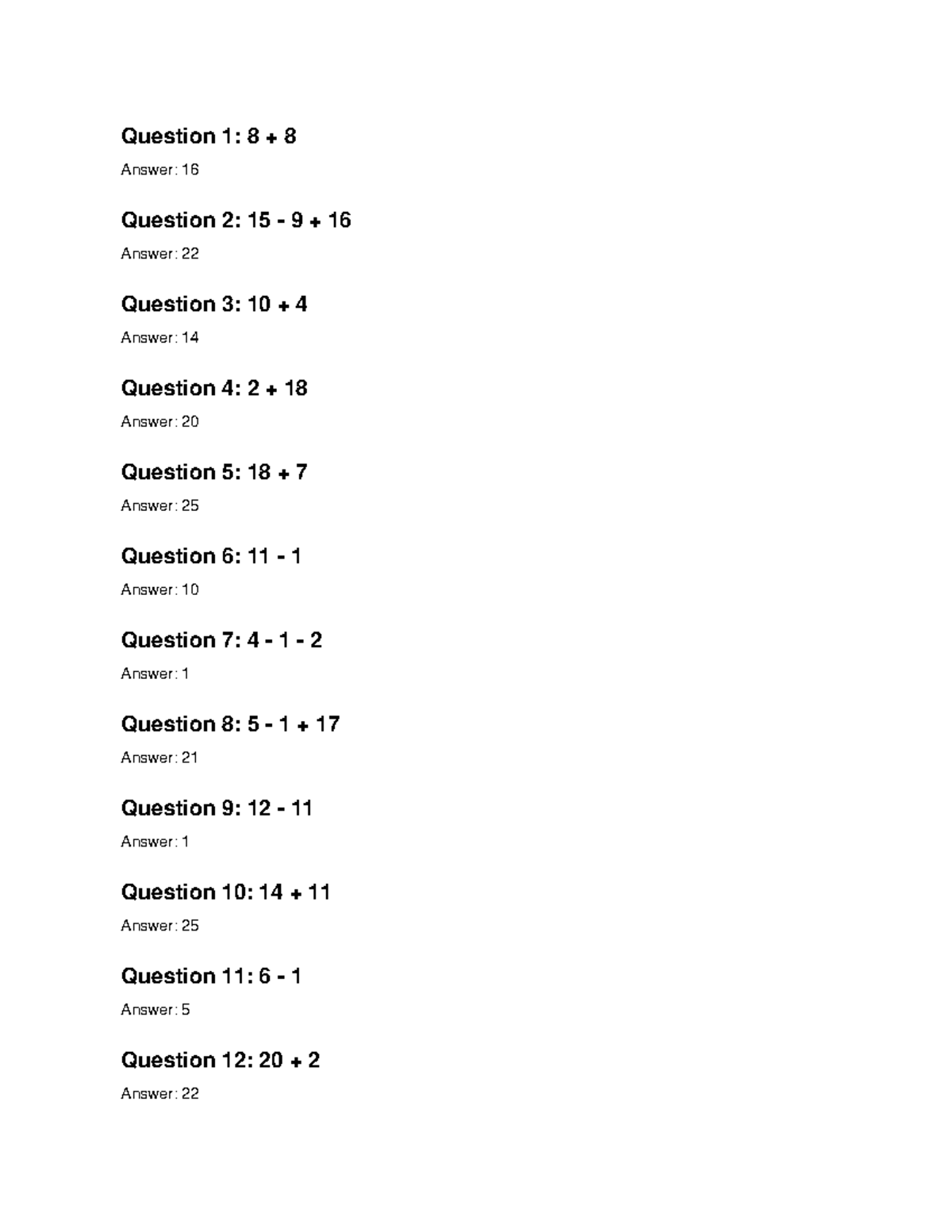 CKQJ344 arithmetic questions - Question 1: 8 + Answer: Question 2: 15 ...