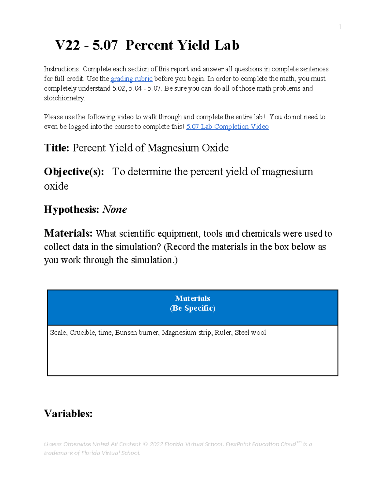 5.07 Yield Lab - V22 - 5 Percent Yield Lab Instructions: Complete each ...