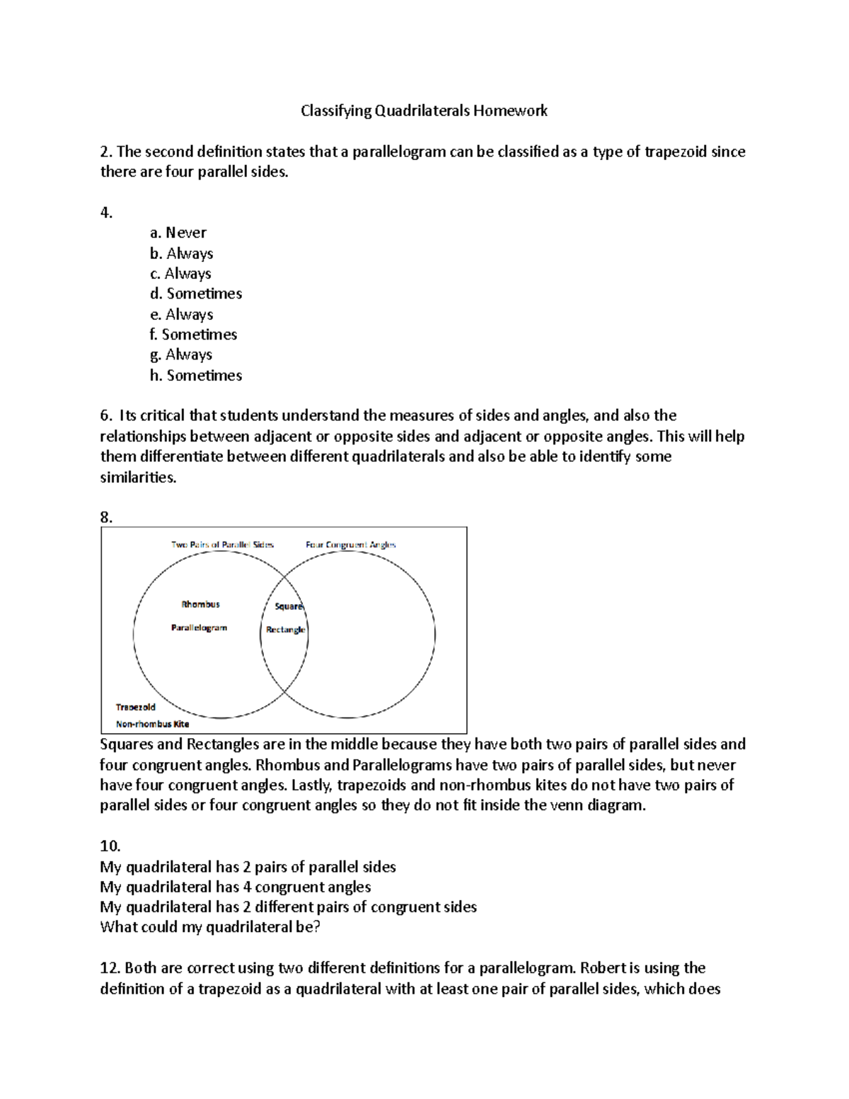 Classifying Quadrilaterals Homework - a. Never b. Always c. Always d ...