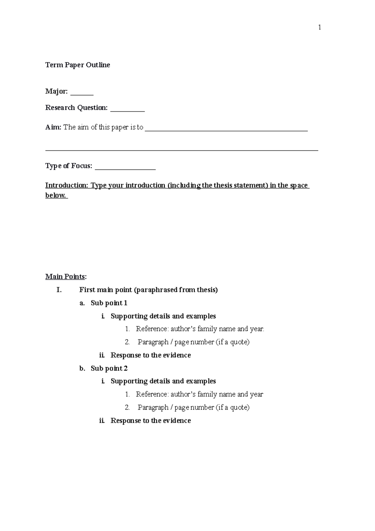 ENGL 203 TP Outline Template - Term Paper Outline Major ...