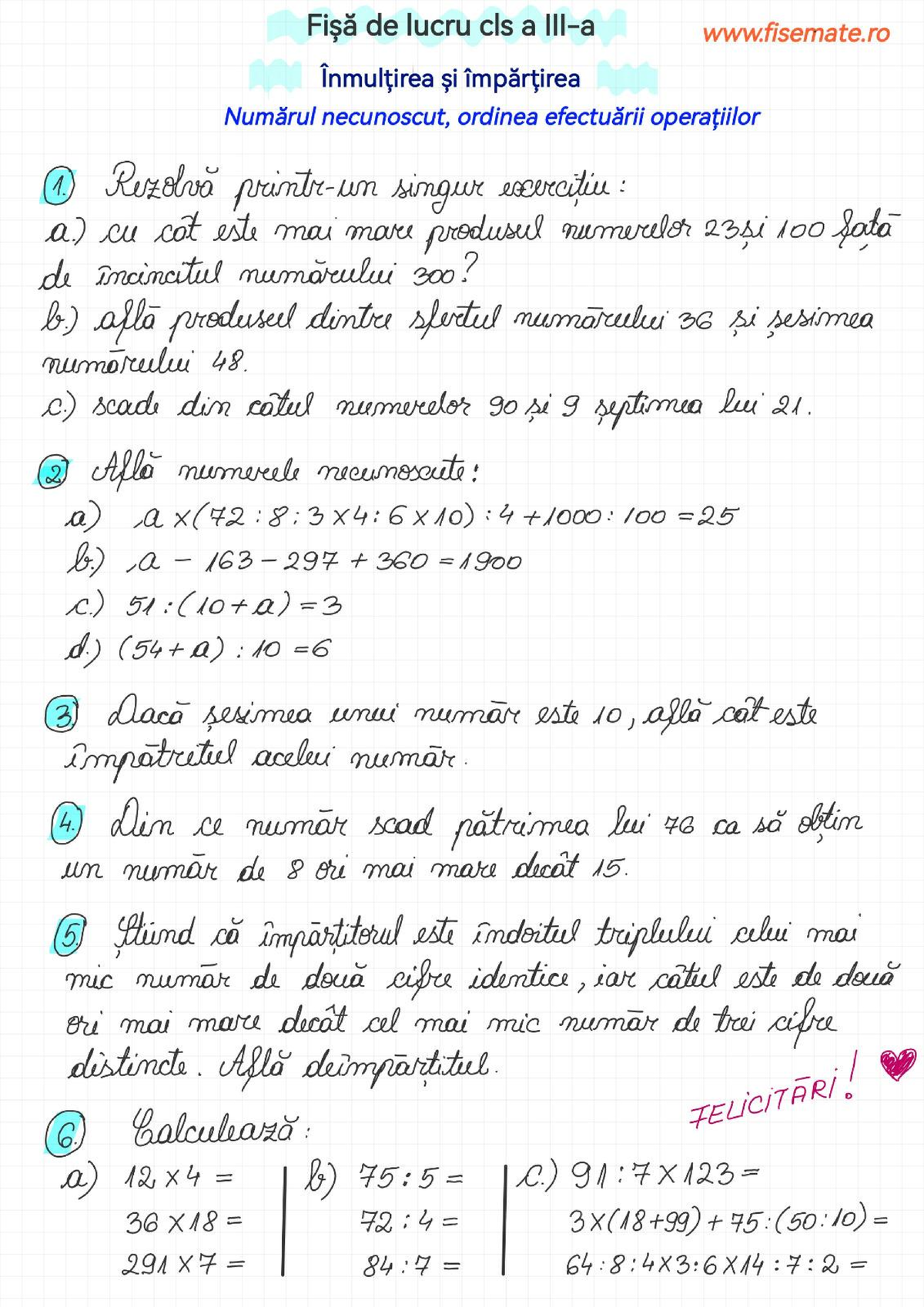 Fisa de lucru nr 1 inmultirea si impartirea clasa 37746 - Tehnici de predare - Studocu