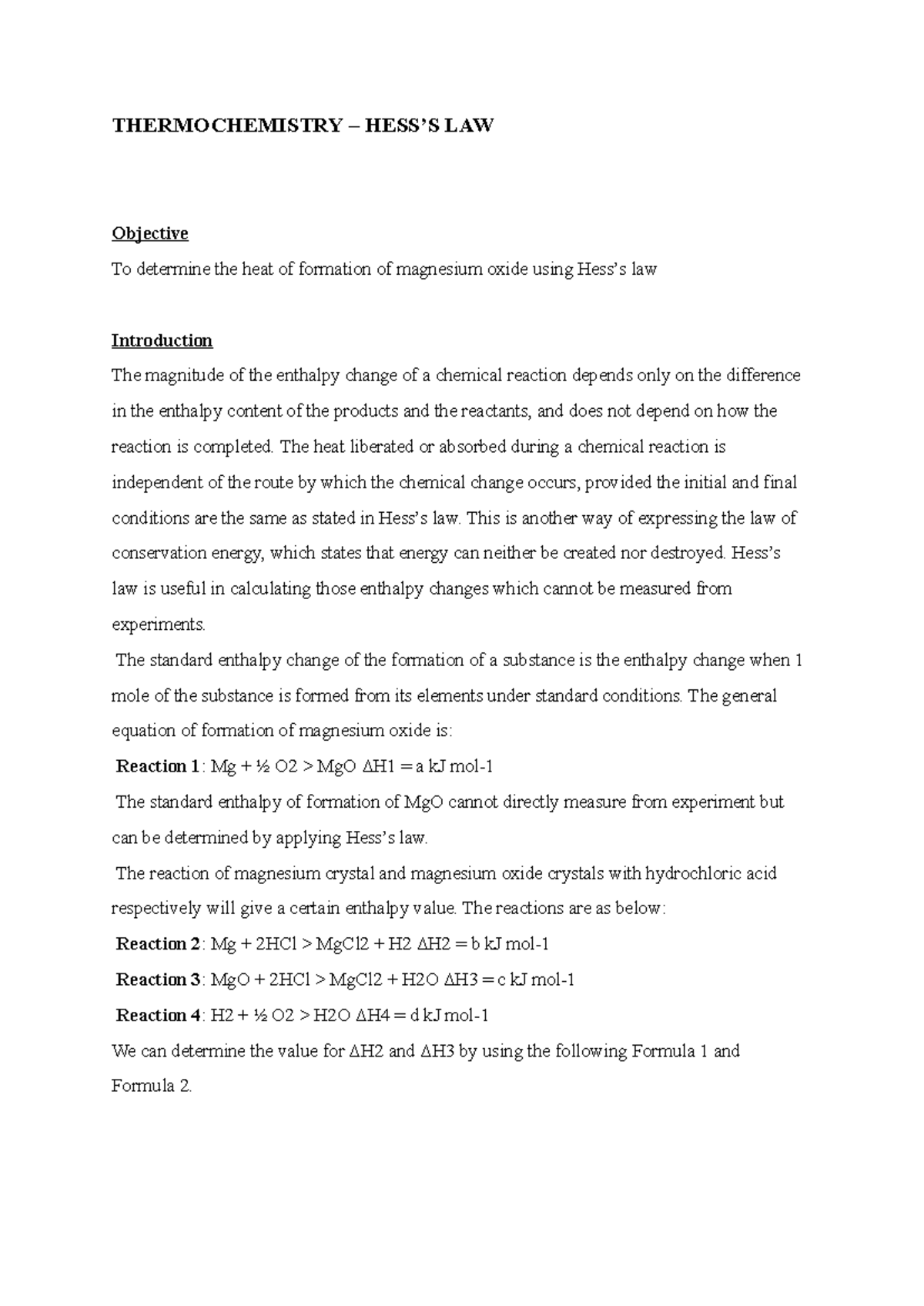 Chm271 hess law 1-3 - lab report - THERMOCHEMISTRY – HESS’S LAW ...