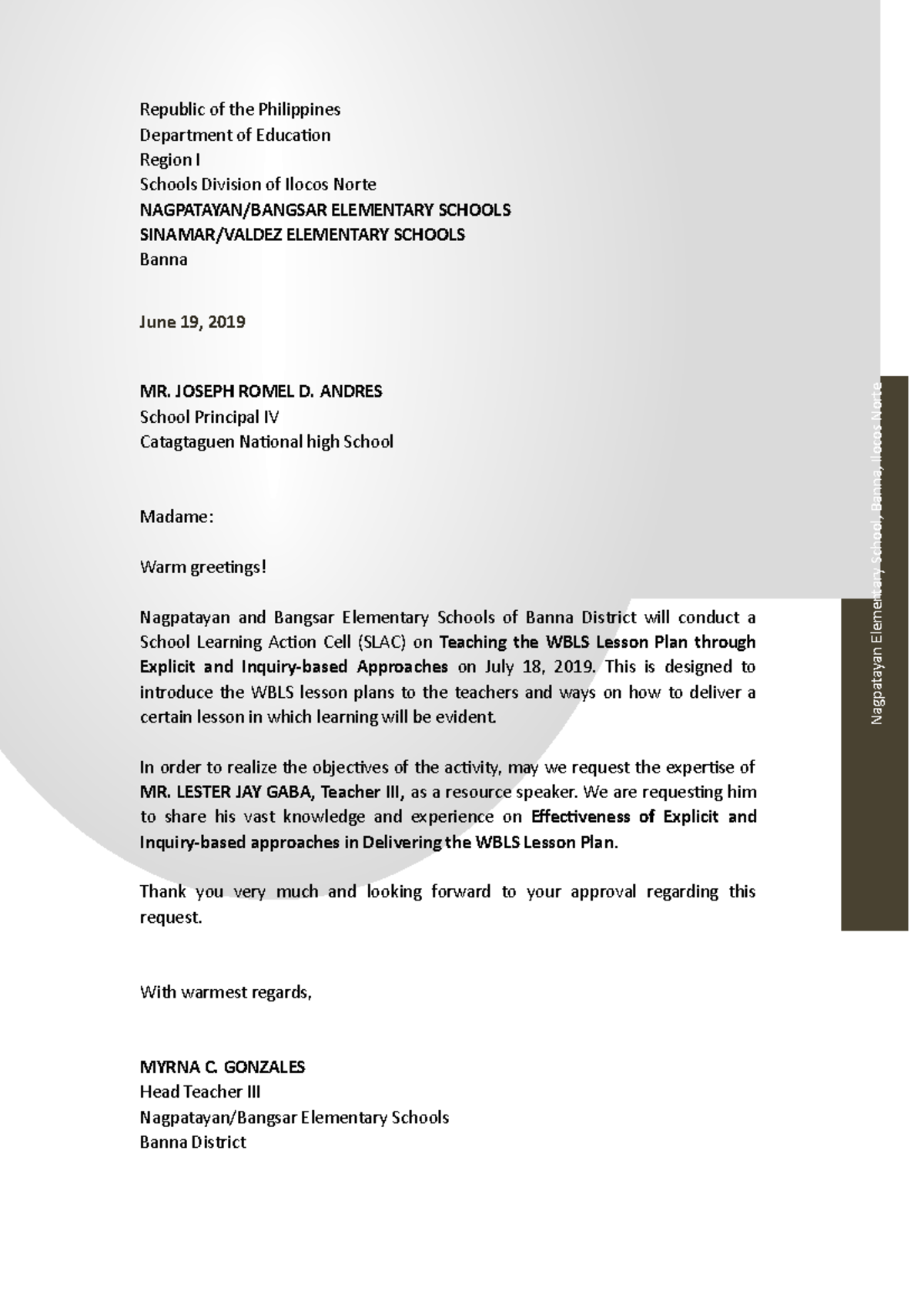 Request Letter (Maam Rachel) - Republic of the Philippines Department ...