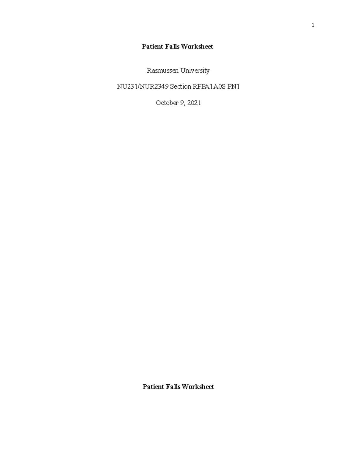 Patient Falls Worksheet - 1 Patient Falls Worksheet Rasmussen ...
