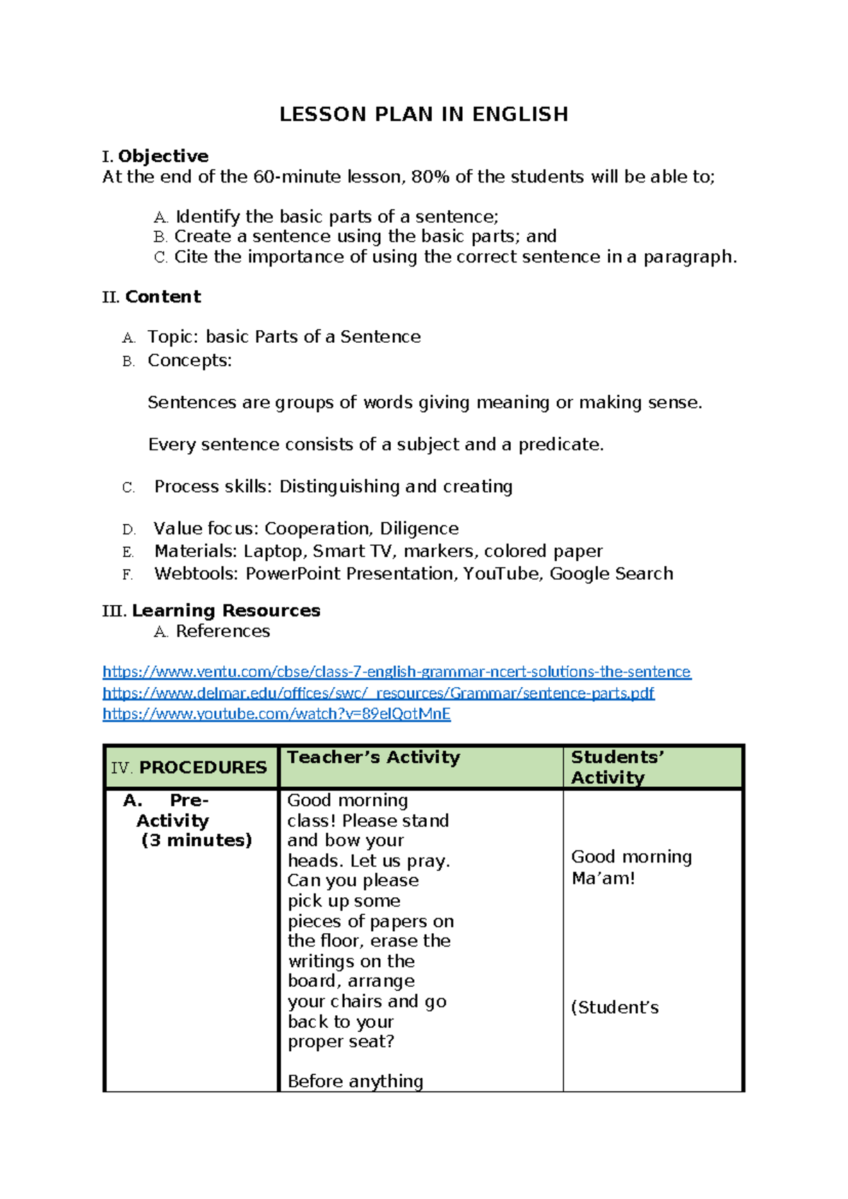 Lesson PLAN IN English Sentences - LESSON PLAN IN ENGLISH I. Objective ...
