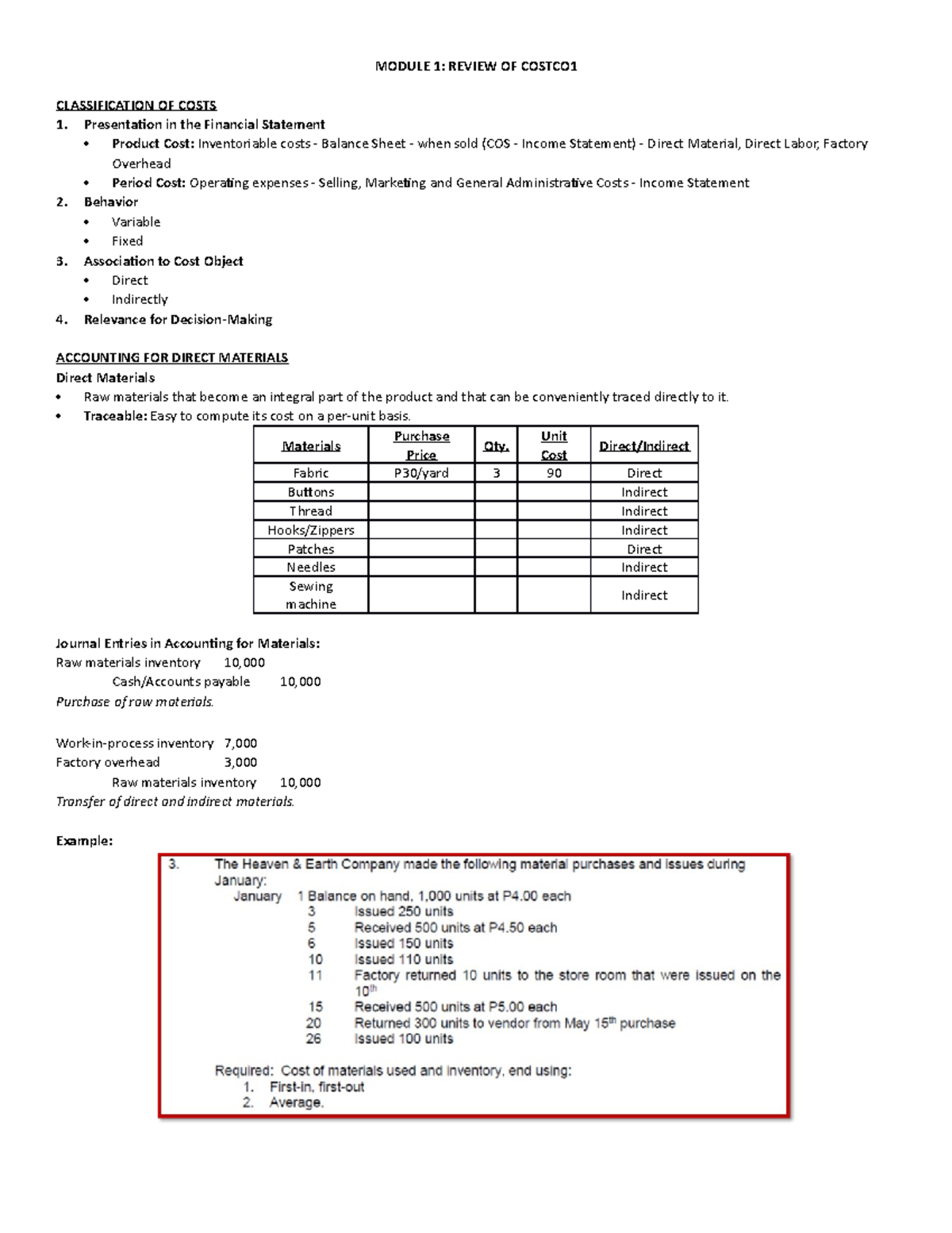 Lecture Notes Revised M1 - MODULE 1: REVIEW OF COSTCO CLASSIFICATION OF ...