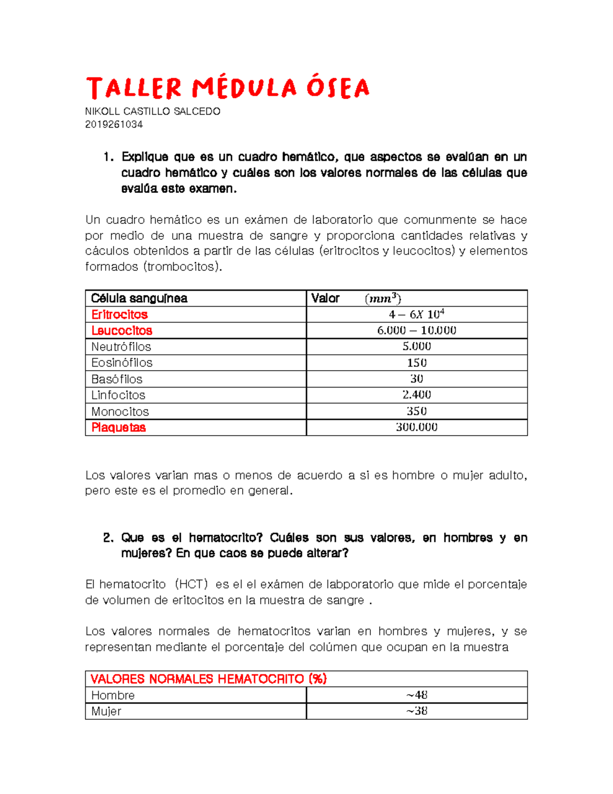 Taller MÉDULA ÓSEA - TALLER MÉDULA ÓSEA NIKOLL CASTILLO SALCEDO ...