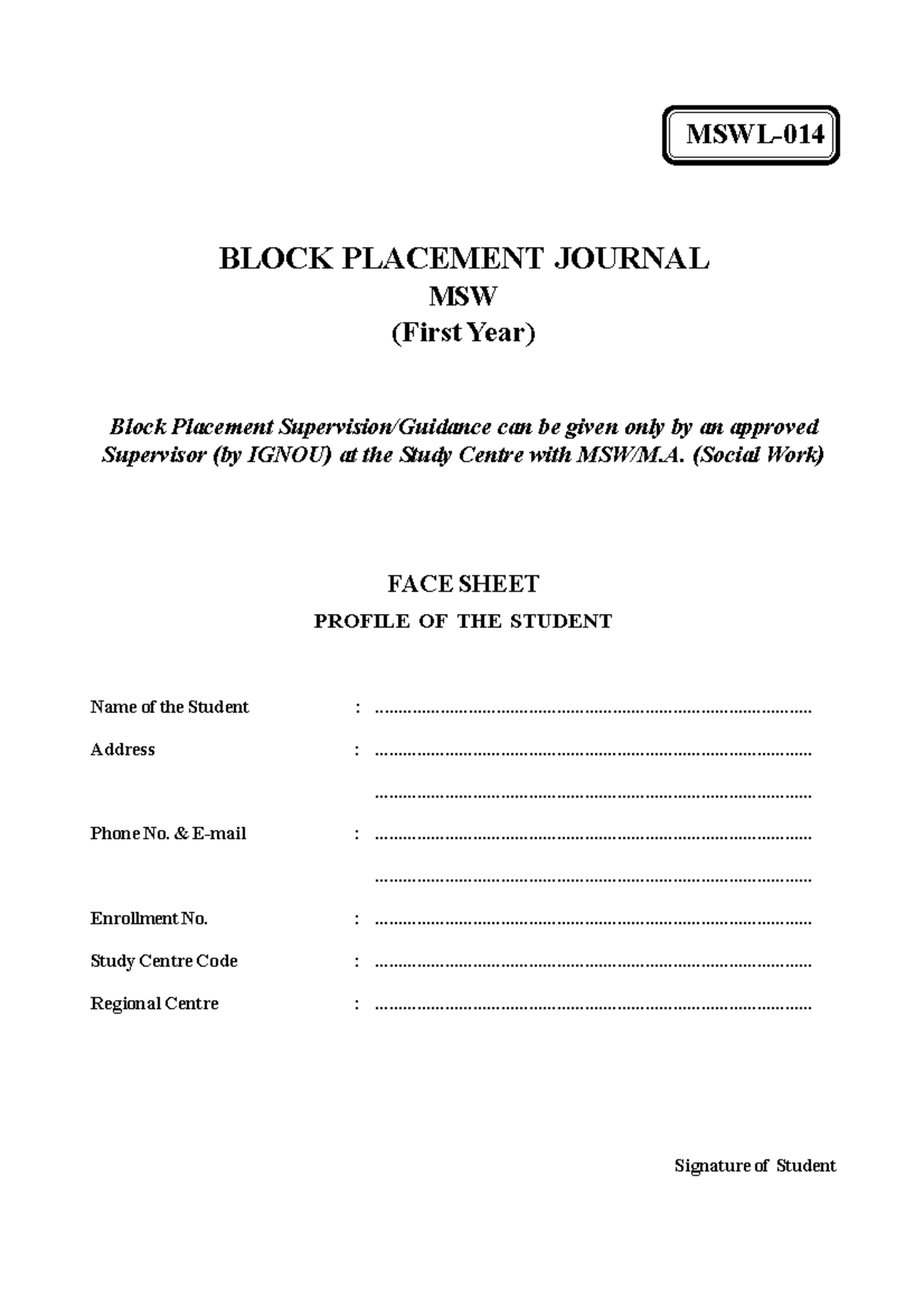 MSWL-014 - BLOCK PLACEMENT JOURNAL MSW (First Year) Block Placement ...