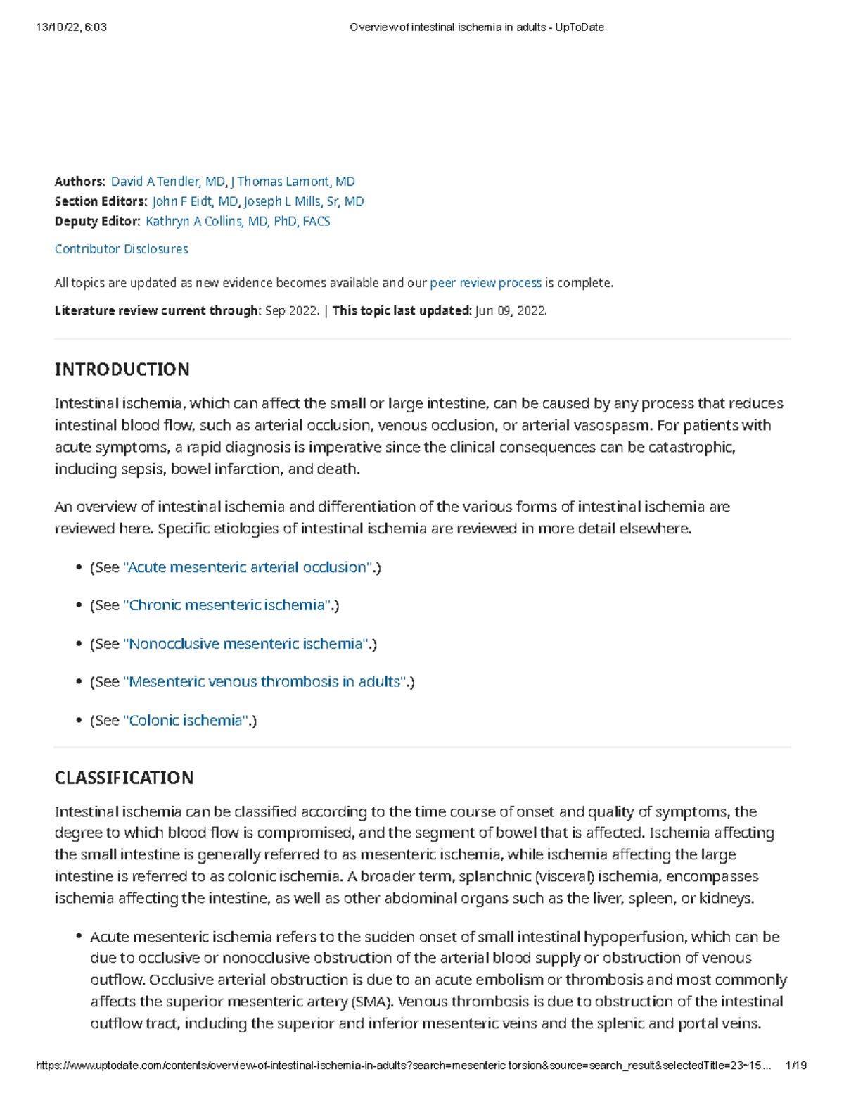 Overview of intestinal ischemia in adults - Authors: David A Tendler ...