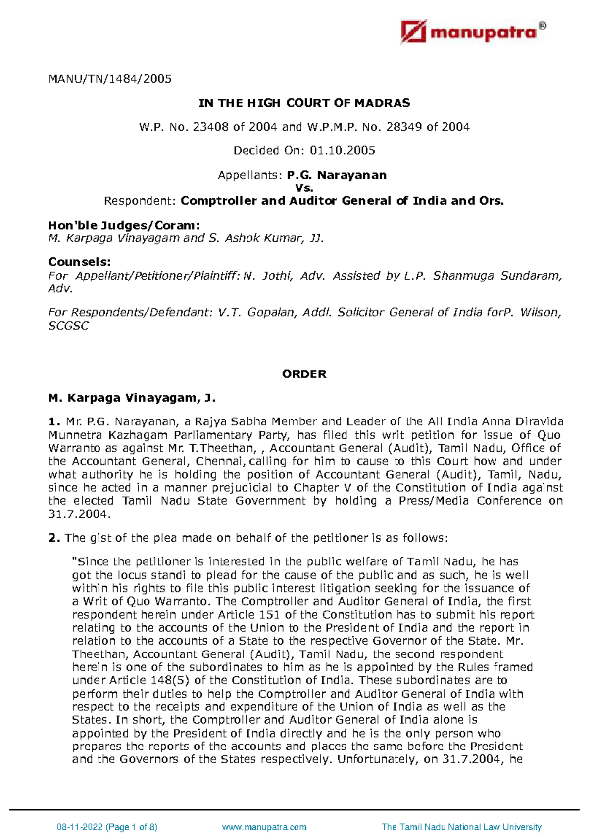 PG Narayanan vs Comptroller and Auditor General o T051092 COM913396 ...
