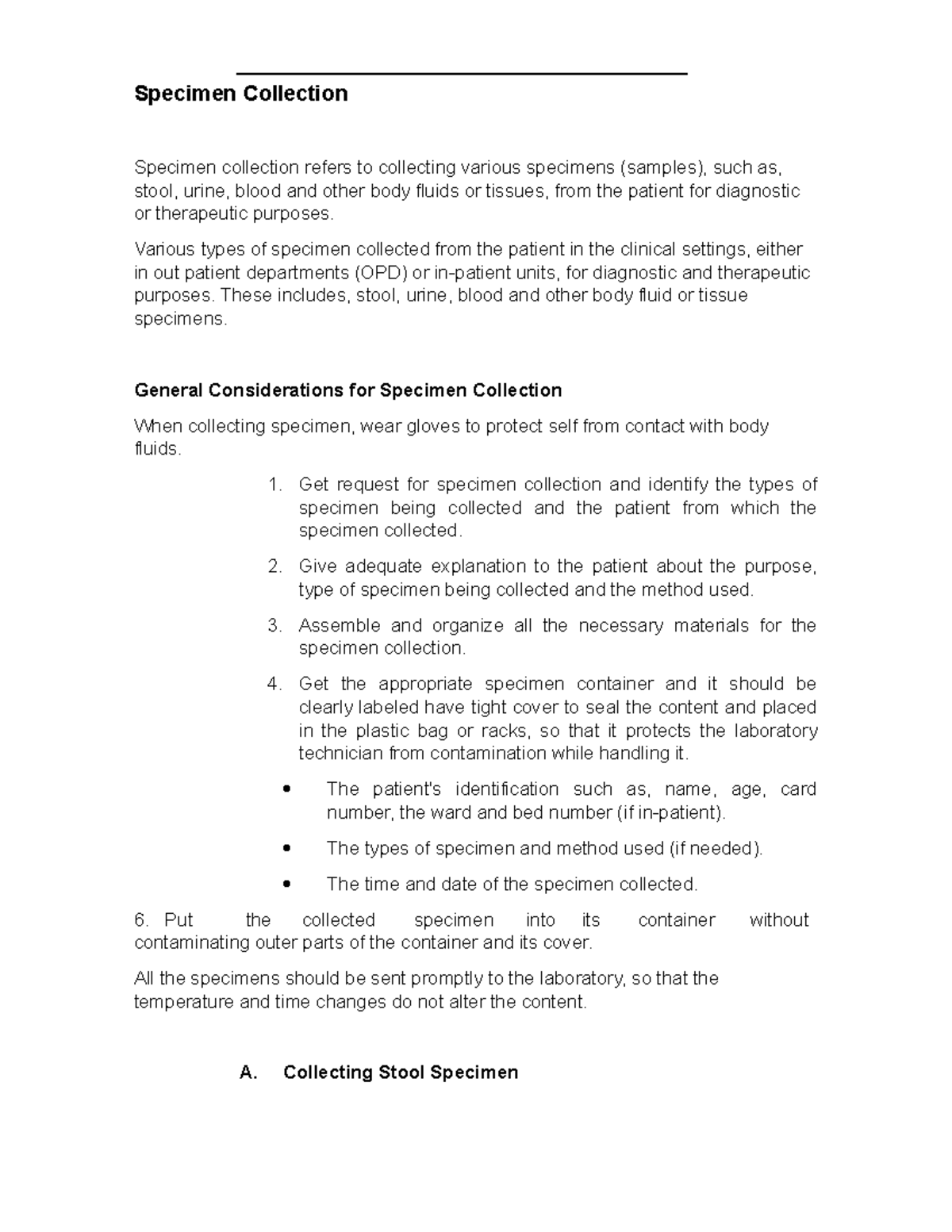 Specimen Collection - Specimen Collection Specimen collection refers to ...