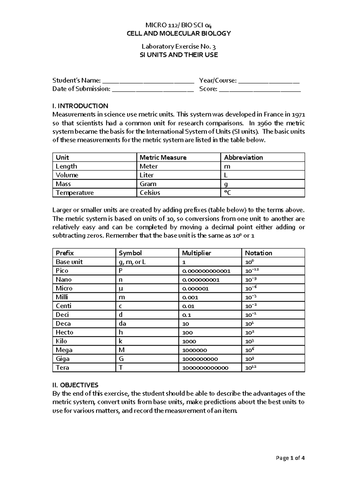Exercise 3 SI Units and Their Use - CELL AND MOLECULAR BIOLOGY ...