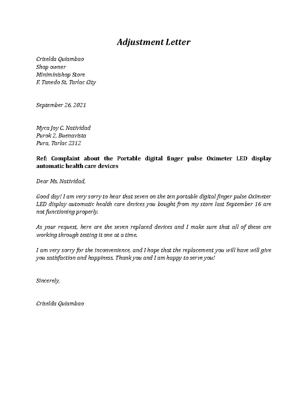 Adjustment Letter Sample - Adjustment Letter Criselda Quiambao Shop ...