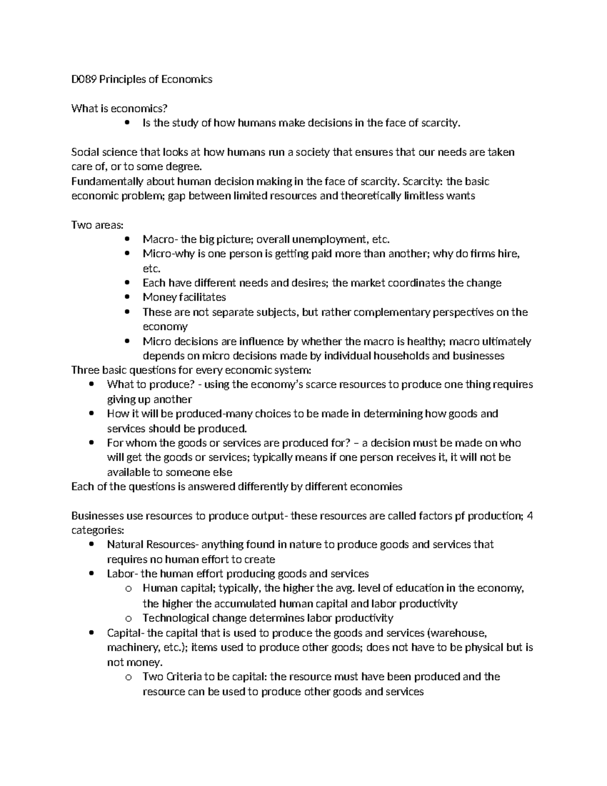 D089 Principles of Economics - Social science that looks at how humans ...