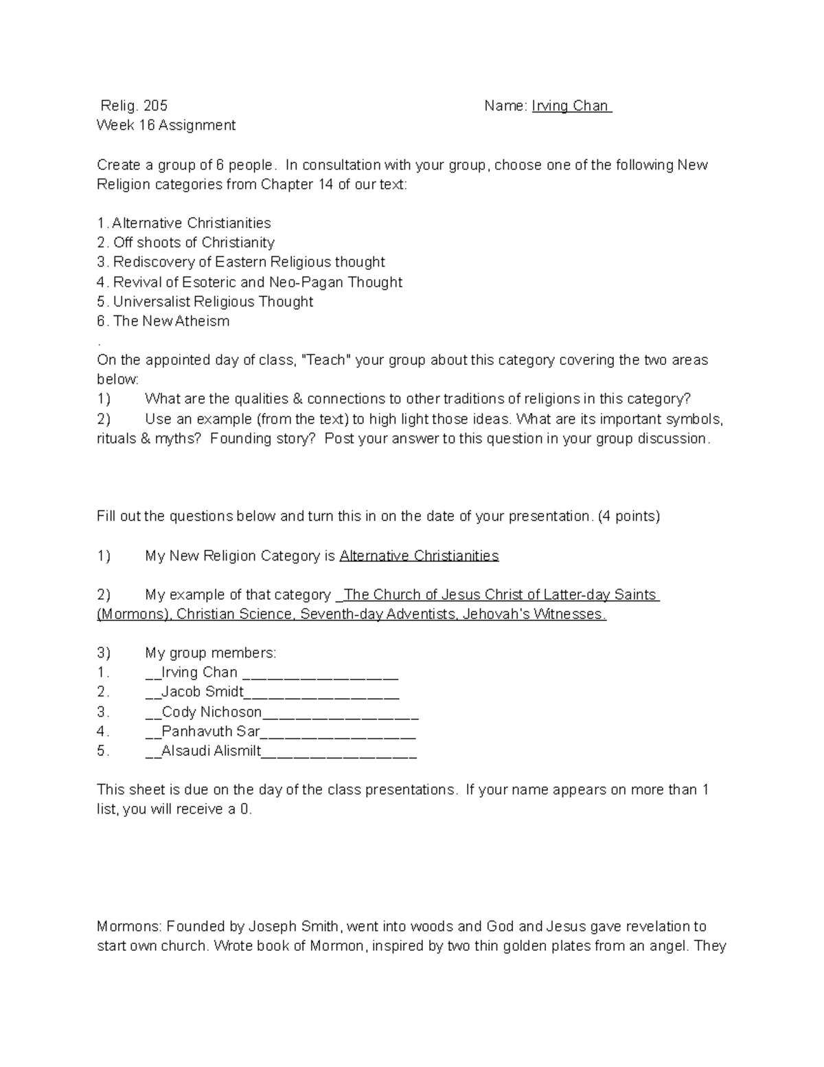 Relig Assign 16 - Prof- Brian Eslinger - Relig. 205 Week 16 Assignment ...