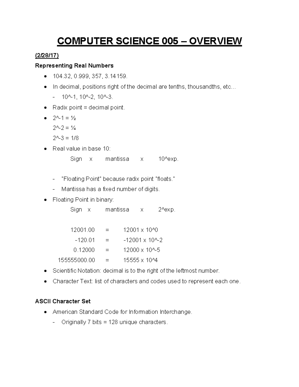 CSC005 SG Midterm - study guide - COMPUTER SCIENCE 005 – OVERVIEW (2/28 ...