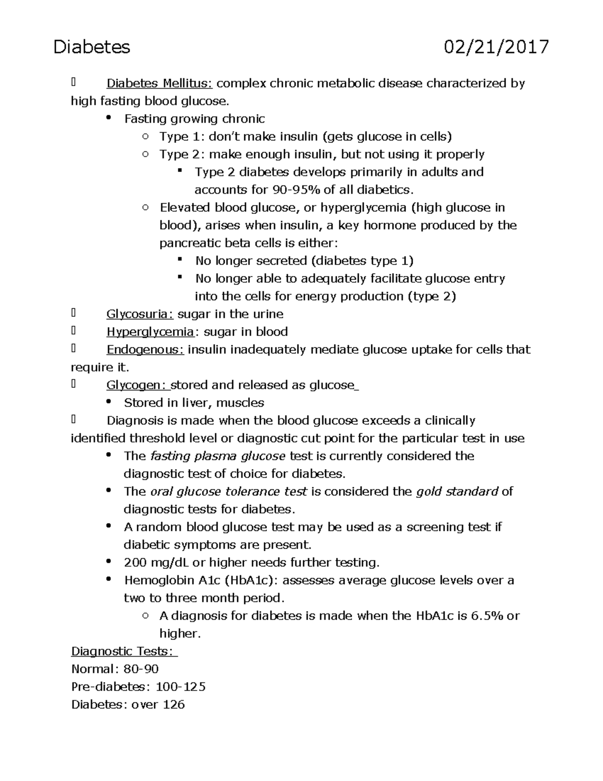Notes on diabetes notes - Diabetes 02/21/2017 Diabetes Mellitus ...