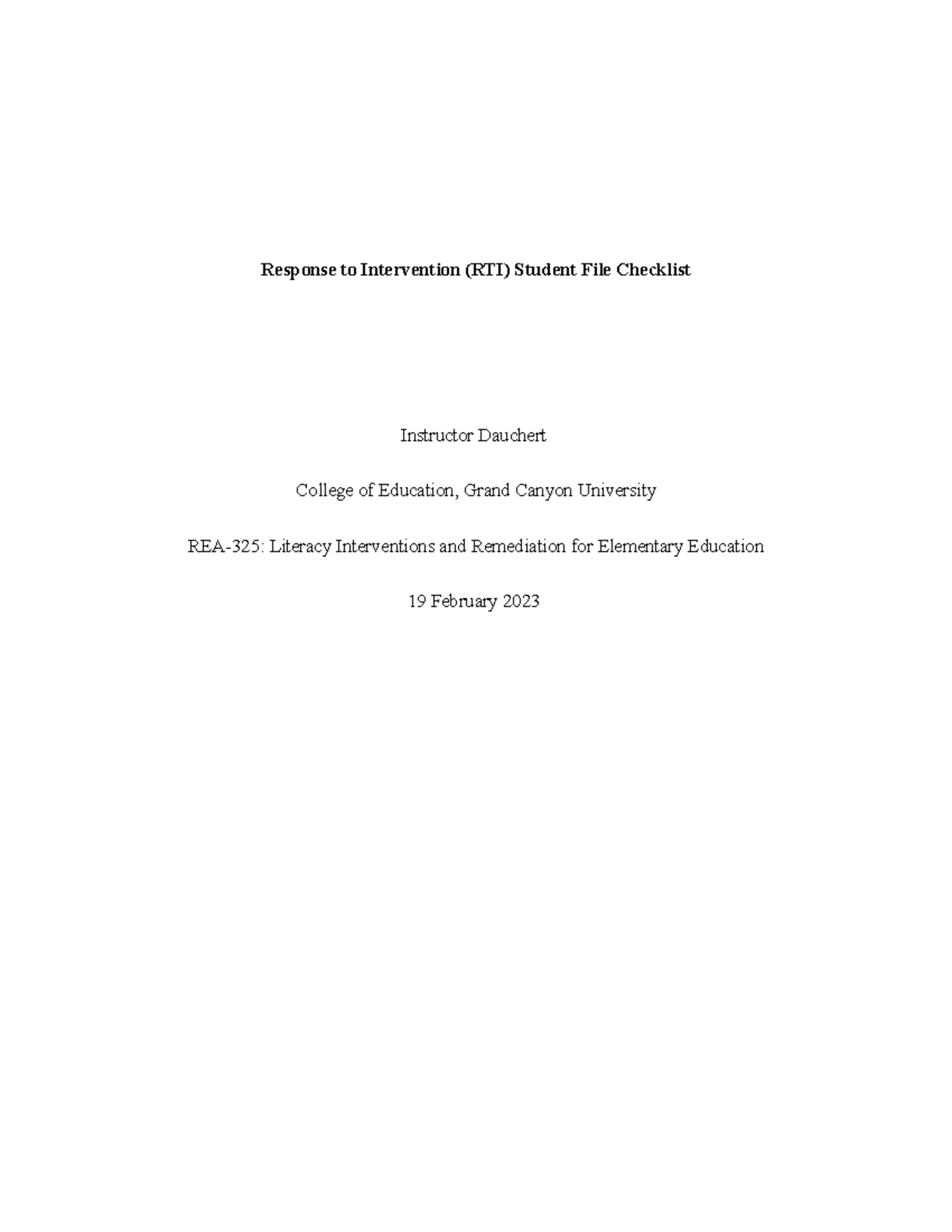 REA325 - RTI Student File - Response to Intervention (RTI) Student File ...